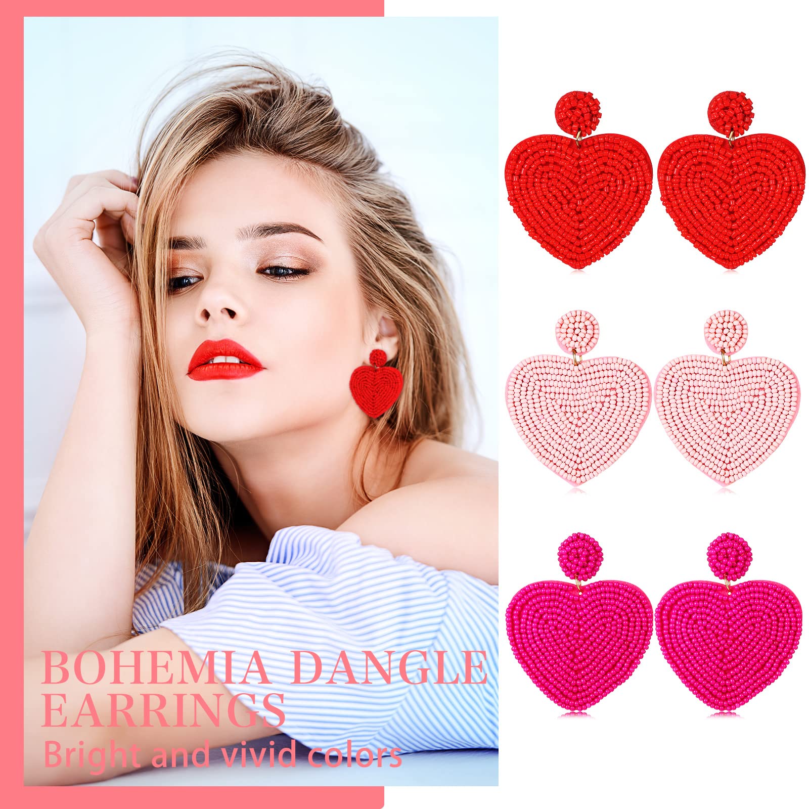Valentine's Day Heart Earrings 3 Pairs Heart Beaded Earrings Statement Drop Earrings Handmade Seed Bead Heart Earrings (Pure)