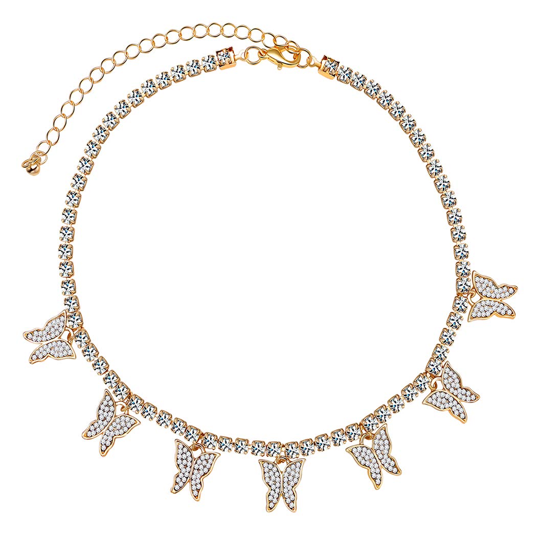 SUNXN Butterfly Necklace Tennis Chain Butterfly Choker CZ Bling Butterfly Silver Gold Pendant Necklace Gift for Women Jewelry (3mm-gold)