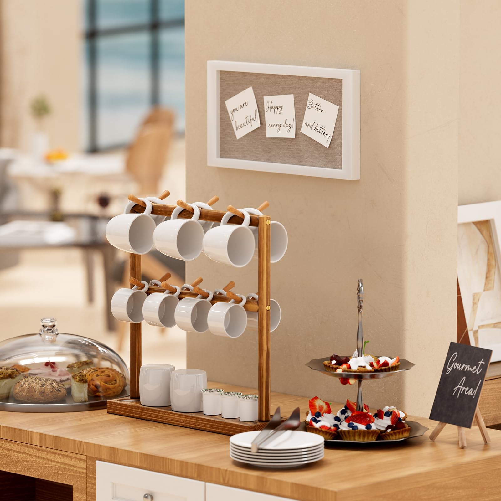 Puricon Mug Holder Coffee Cup Shelf for Counter, 2 Tier Wood Mug Tree Stand Organizer with 14 Sturdy Hooks and Storage Base, Double Sides Tea Cups Display Rack for Large and Small Mugs -Oak