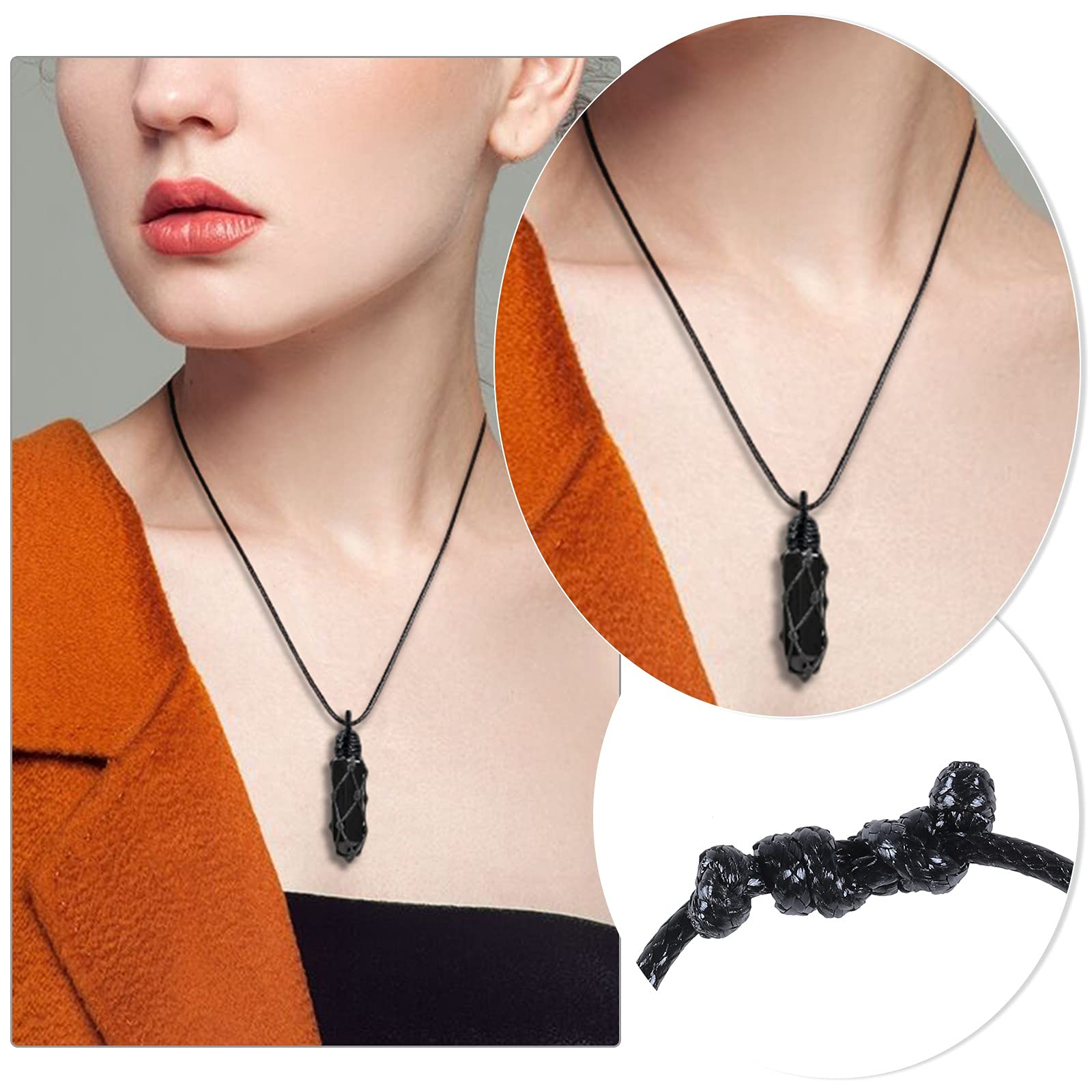 SUNYIK Hexagonal Crystal Point Pendant Necklace with Wax Rope Wrapped, Wrapped Stone Wand Necklace for Women Men, Obsidian