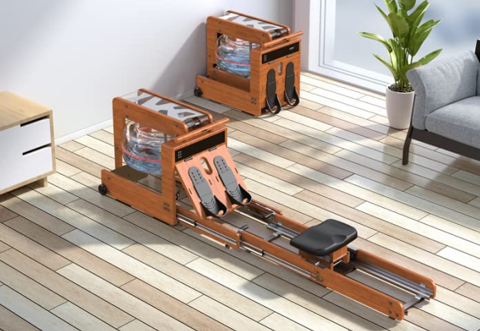 Water Rowing Machine, High-end Wood Fitness Hydro Rower Rowing Machine with Blutooth Water Resistance for Home use Foldable, 330LBS Capacity Water Rower with LCD Monitor Device Mount