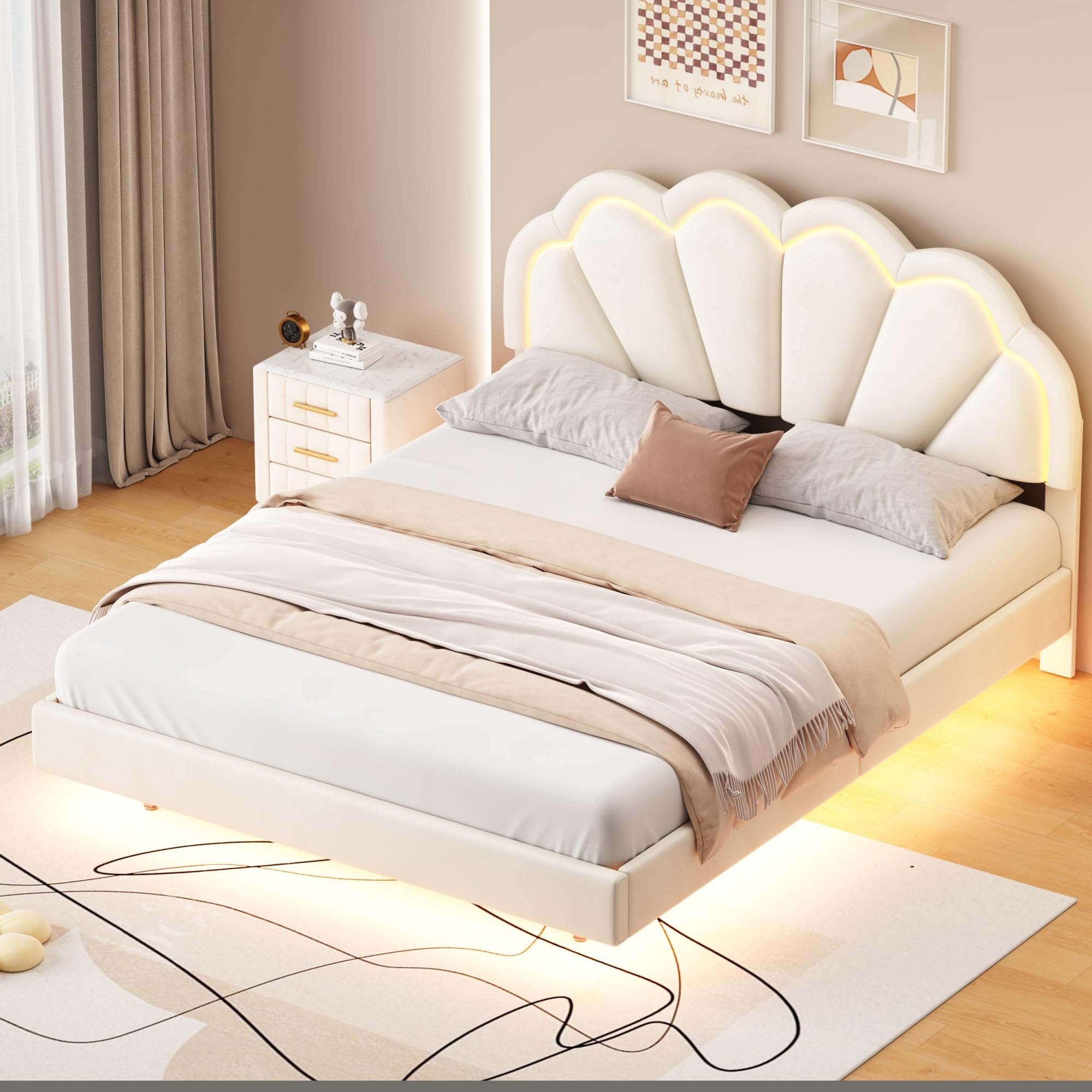 Queen Bed with Storage and LED Lights, Modern Upholstered Platform Beds with 4 Storage Drawer, LED Bed Frame with Tufted Headboard and Slats Support, No Spring Box Needed, Queen Size, Linen Gray