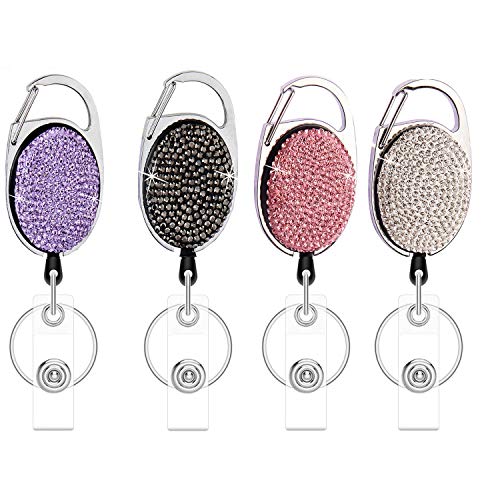 Retractable Badge Holders with Bling Rhinestones Crystal, Badge Reel with Belt Clip and Key Ring, 24 inches Thick Kevlar Pull Cord. (4pcs- Silver, Black, Pink and Purple)