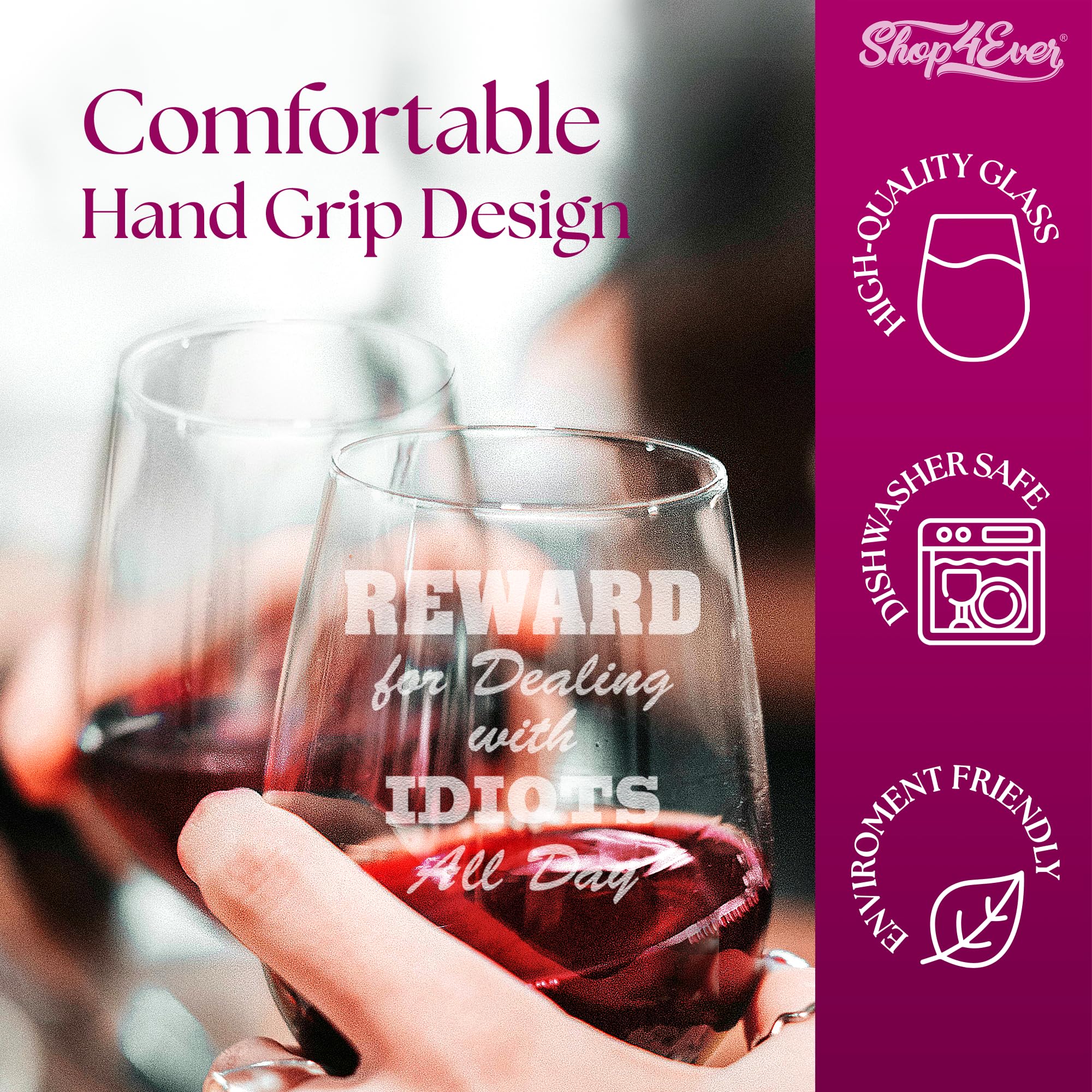 shop4ever Reward for Dealing With Idiots All Day Funny Laser Engraved Stemless Funny Wine Glass Gift for Her