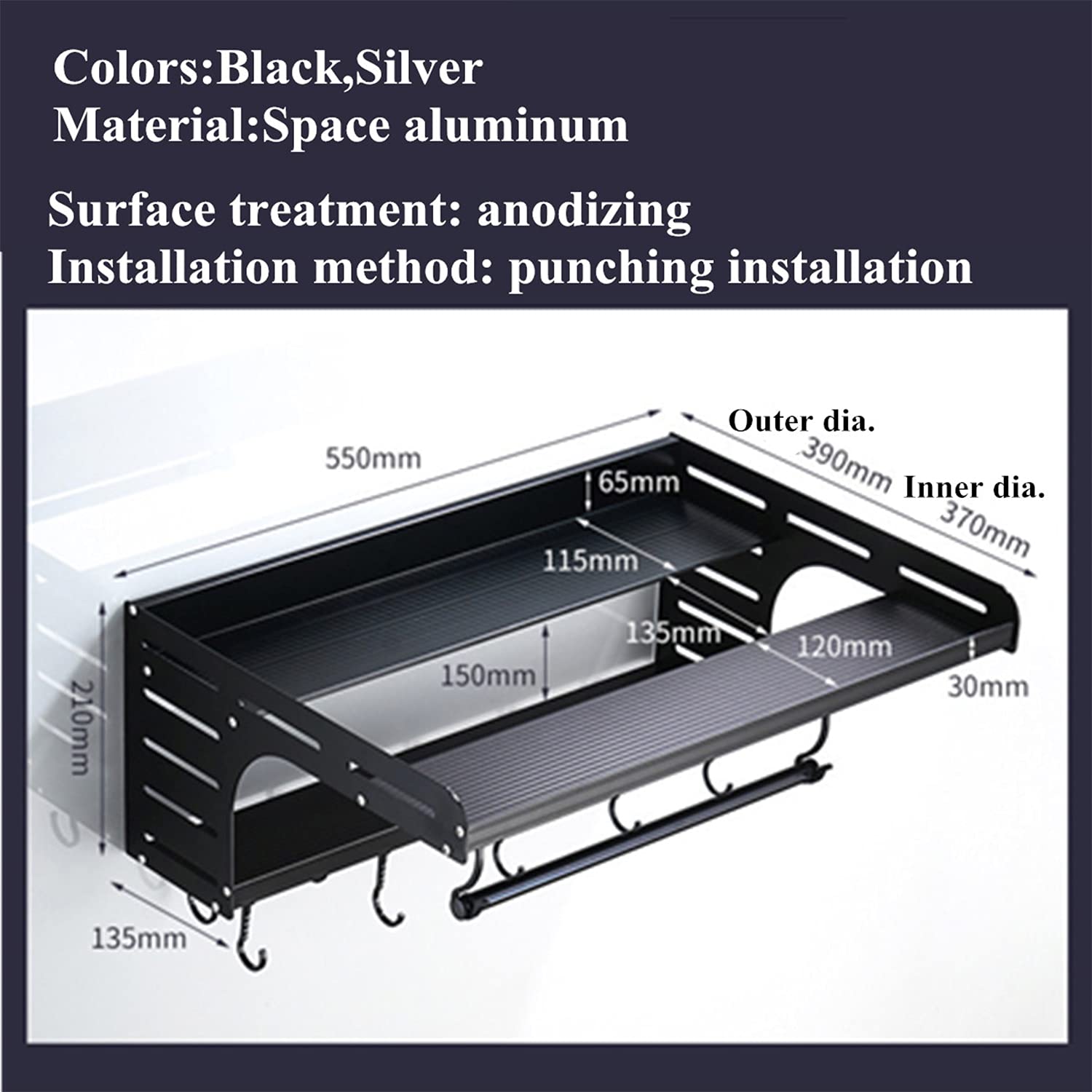 YYDSJFM Aluminum Microwave Oven Wall Mount Double Deck Shelf with Hooks,Kitchen Organizer Storage Holder Oven Bracket Wall Mounted Thickened (Black)