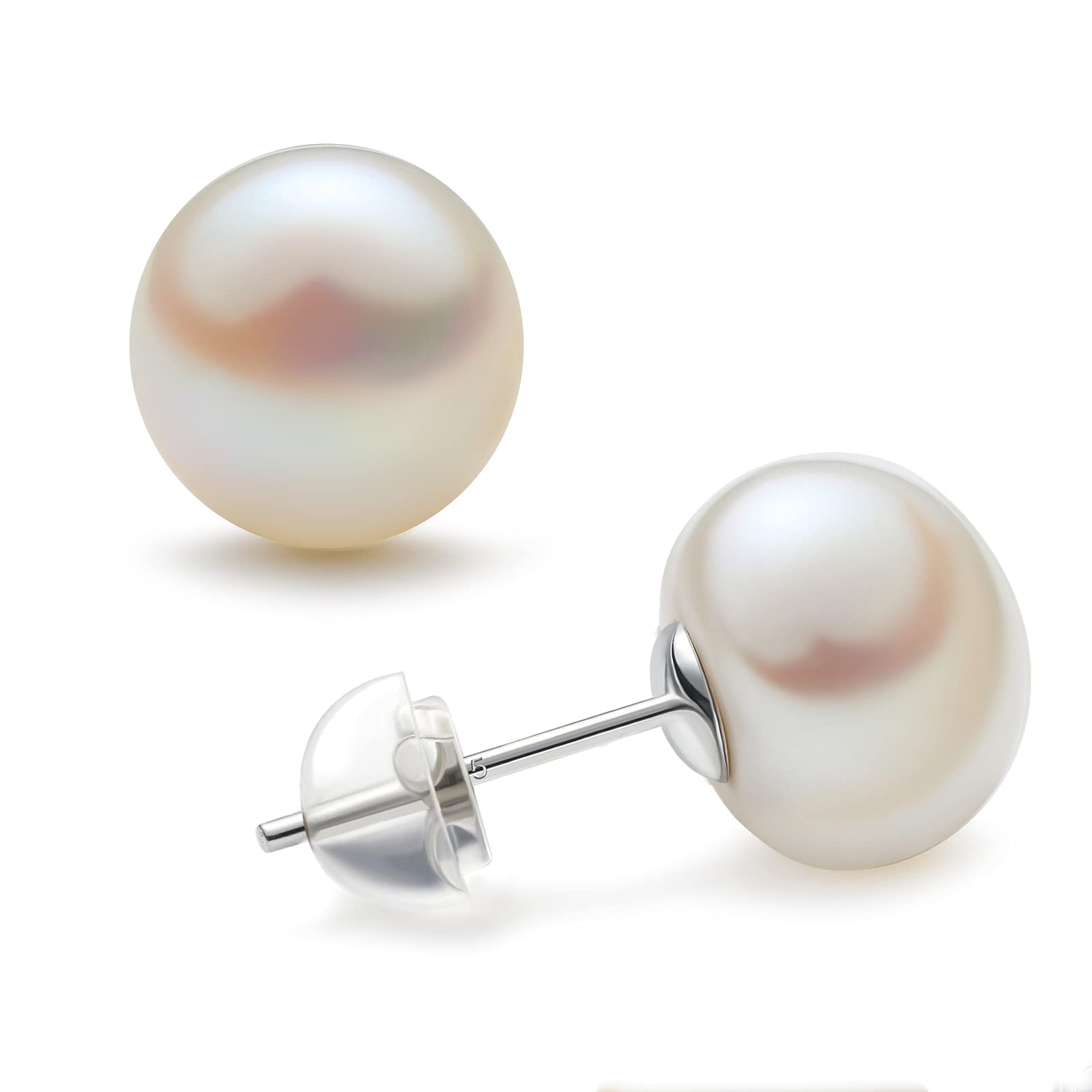 SWEETV Pearl Earrings for Women Real Freshwater Button Pearl Studs for Wedding 9.5-10.0mm Pearl Sterling Silver Earring