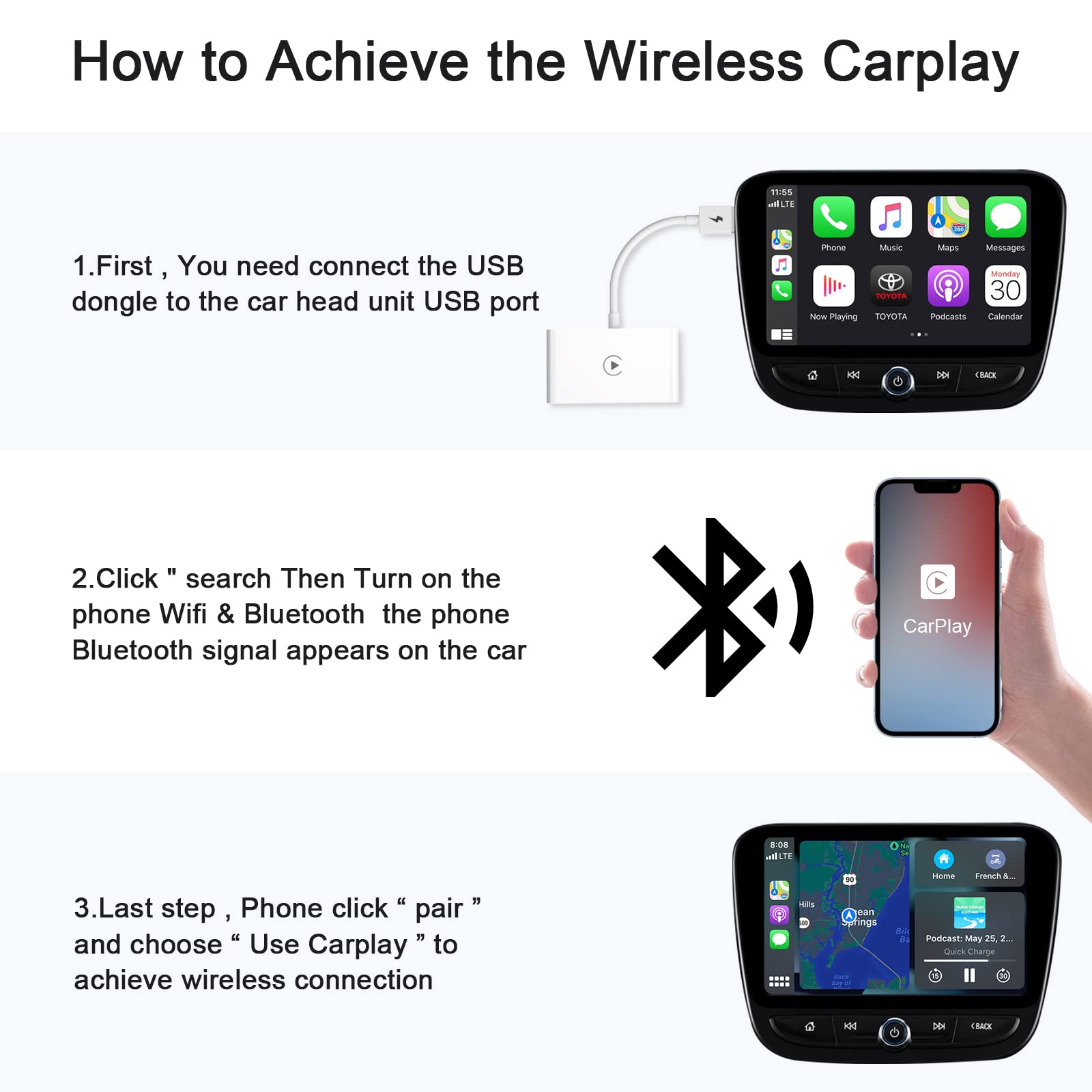 Wireless CarPlay Adapter Compatible with iPhone, iOS, Apple, Siri – Car Play Wireless Adapter WiFi Adapter for Music, Video Content, App Control, Online Map, 5G