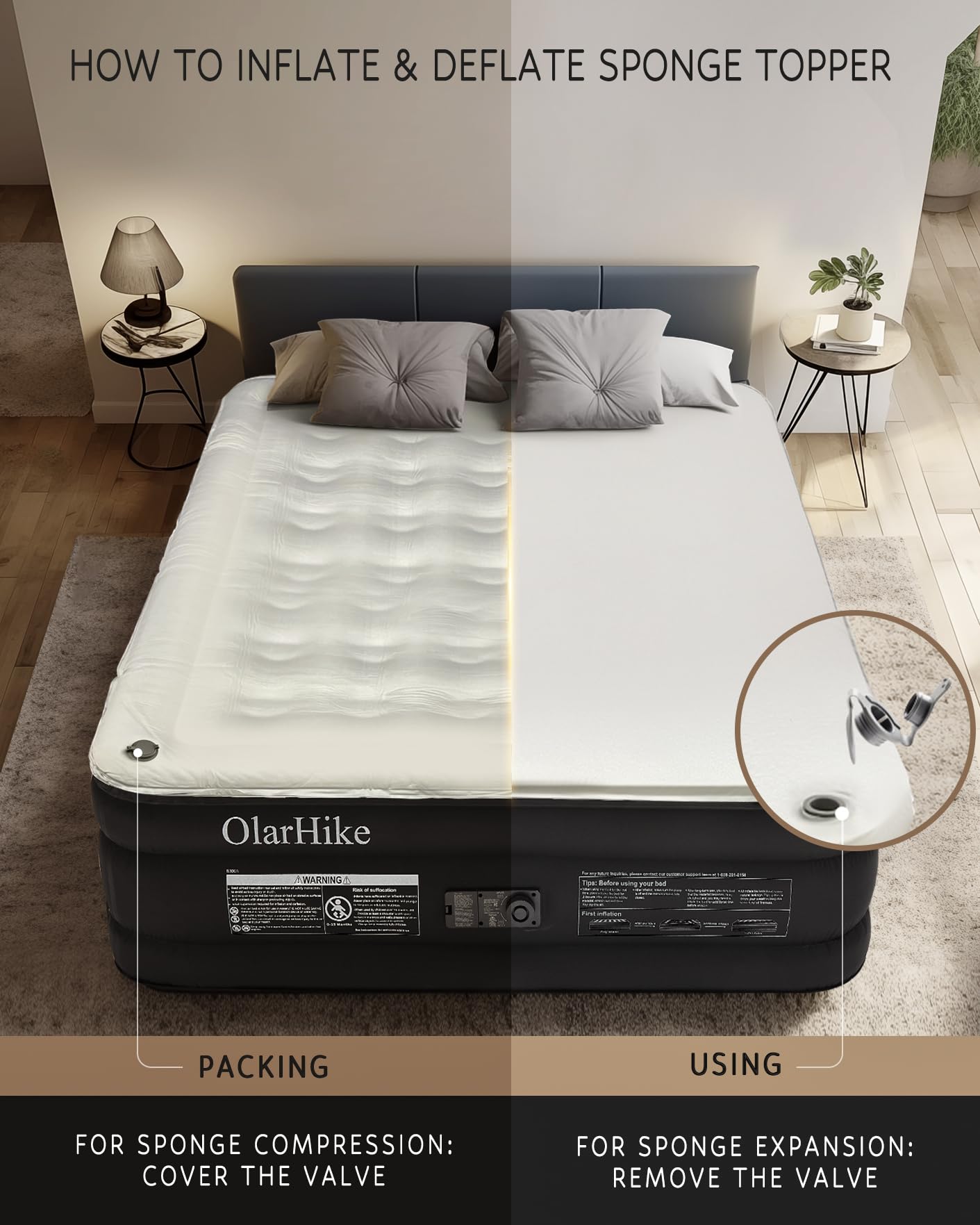 OlarHike Signature Collection Queen Air Mattress with Built in Pump,18” Luxury Air Mattress with Silk Foam Topper for Camping, Home & Guests, Fast & Easy Inflation/Deflation Airbed Black