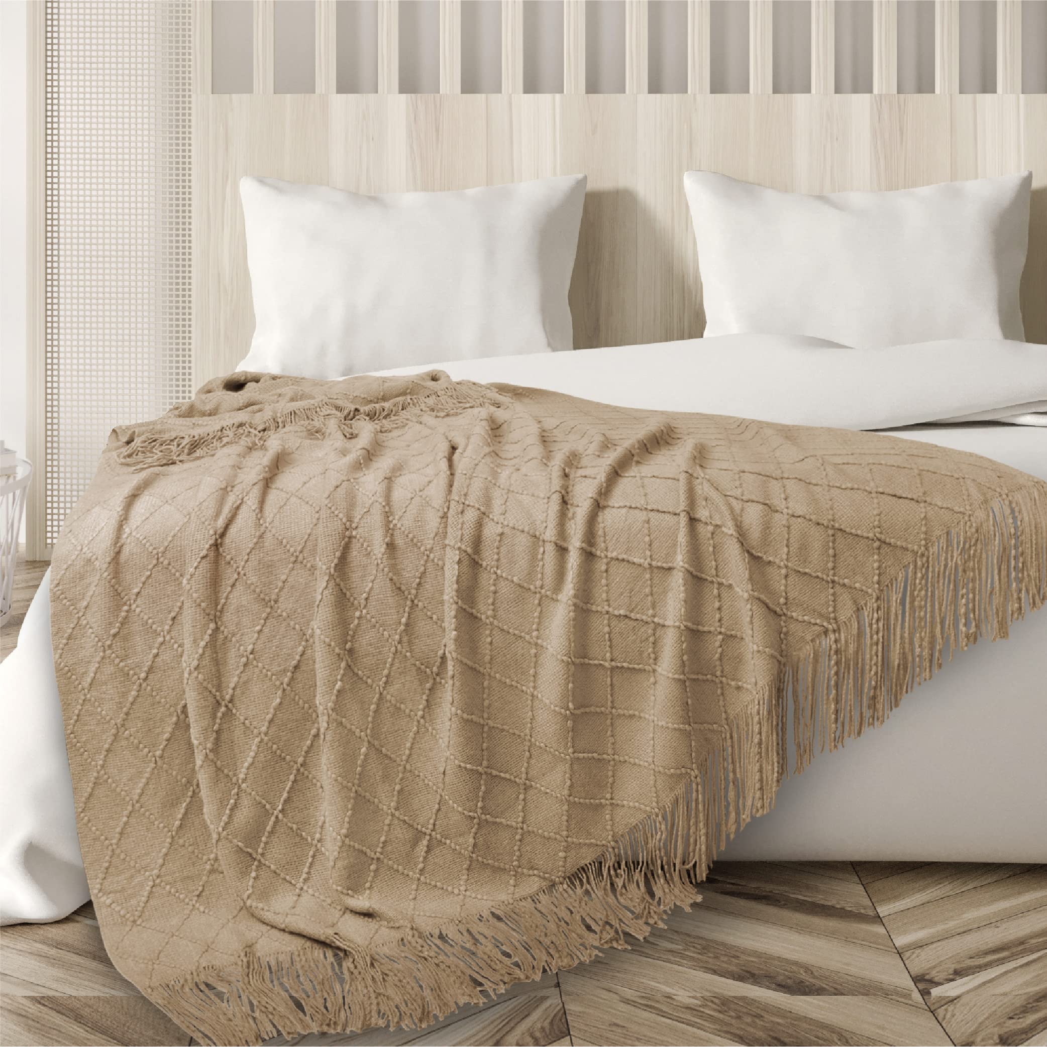 PAVILIA Tan Taupe Knit Throw Blanket Couch, Soft Knitted Boho Farmhouse Home Decor Woven Throw, Cozy Decorative Afghan Bed Sofa, Outdoor Summer Fall Gift Lightweight, Neutral Beige Camel Brown, 50x60
