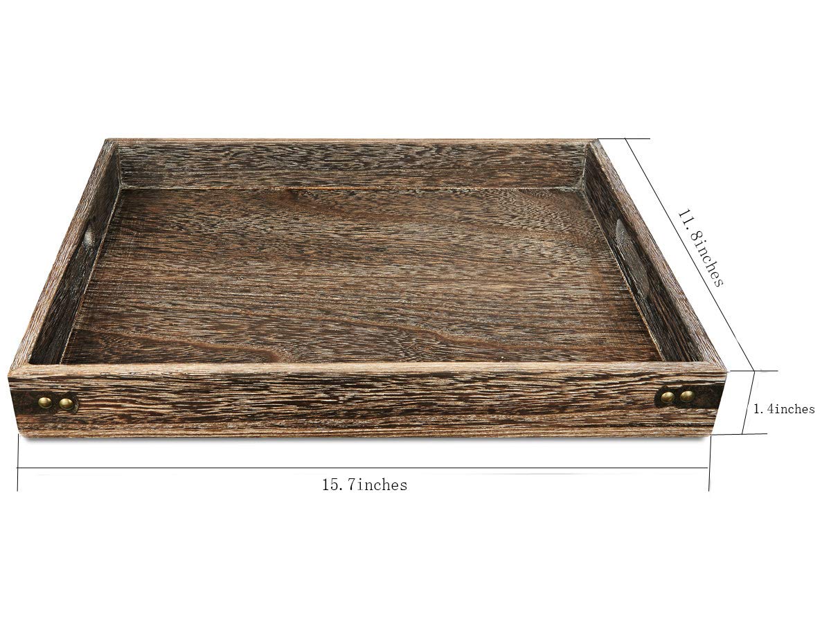 Sufandly Large Wooden Serving Tray with Handles, Rectangle Breakfast Tray 15.7 x 11.8 Inch Wood Colorā¦