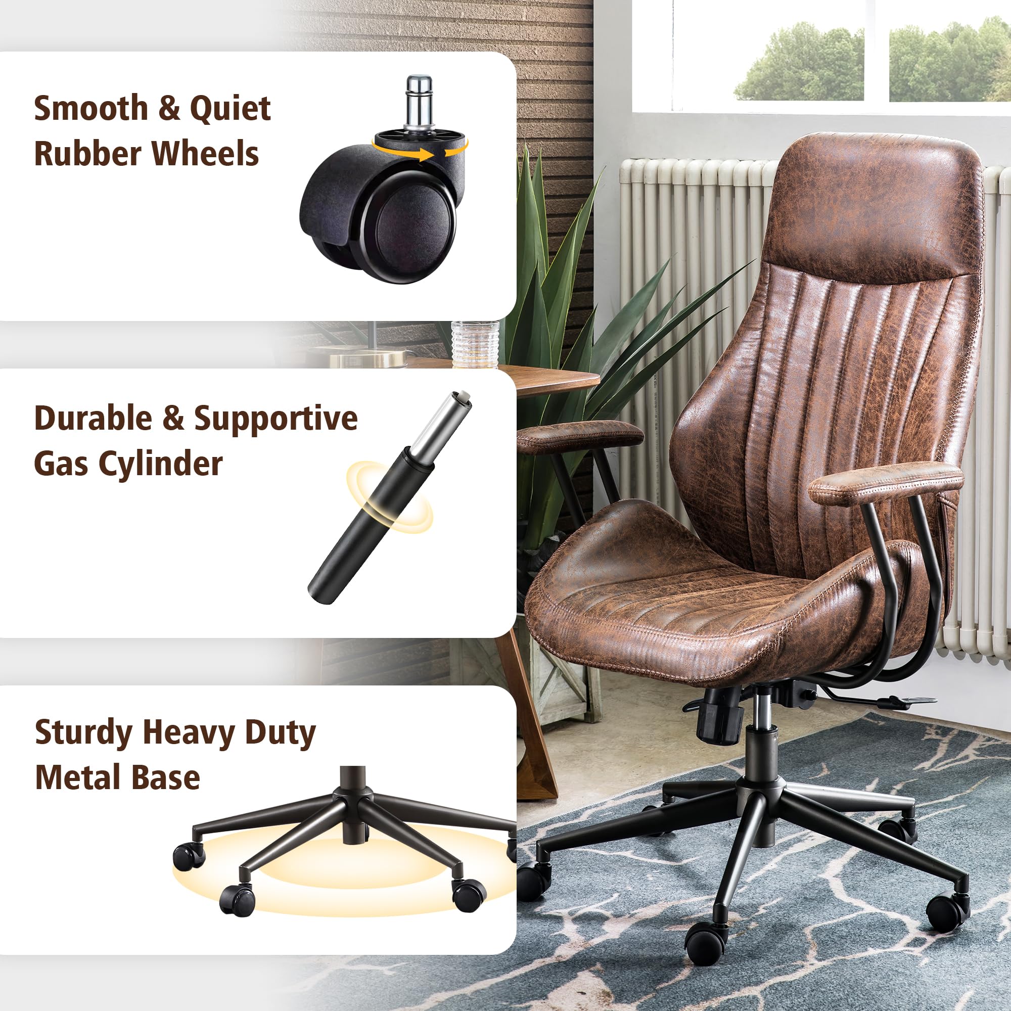ovios Office Chair, Mid Century Modern Chair with Lumbar Support, Ergonomic High Back Suede Leather Executive Chair with Swivel Rolling Wheels, Dark Brown