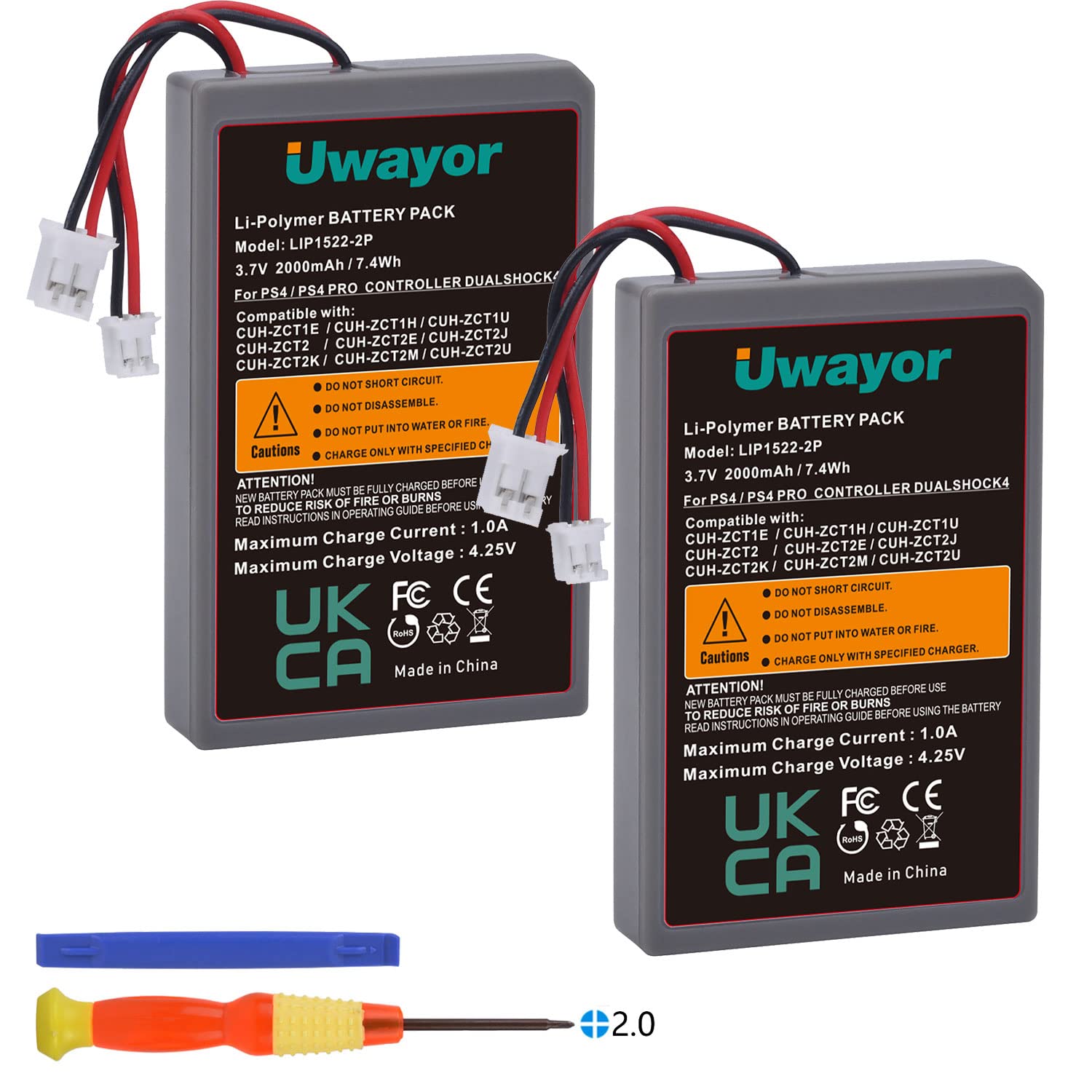Uwayor 2-Pack 2000mAh PS4 Replacement Battery for Sony PS4 and PS4 pro Controller Dualshock 4 with Installation Tools