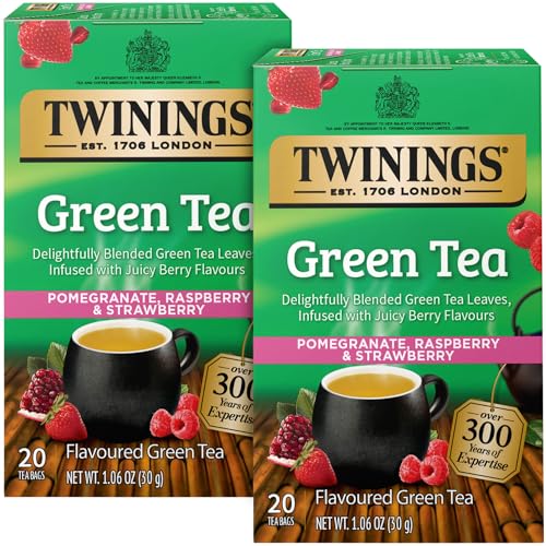 Twinings Green Tea with Pomegranate, Raspberry, and Strawberry - Caffeinated Green Tea Bags Individually Wrapped, 20 Count (Pack of 2)