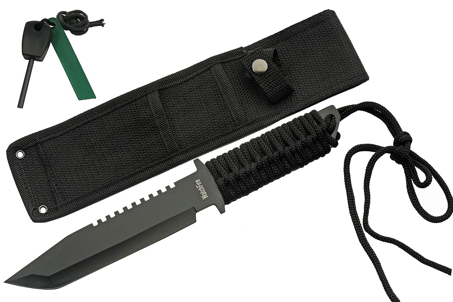 Szco Supplies 11β Nylon Wrapped Tanto Blade Survivor Knife with Fire Starter and Sheath, Black, (211551)