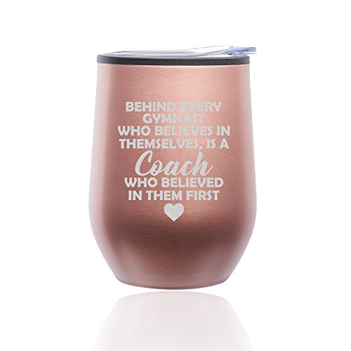 Stemless Wine Tumbler Coffee Travel Mug Glass with Lid Gymnastics Coach Gift (Rose Gold)