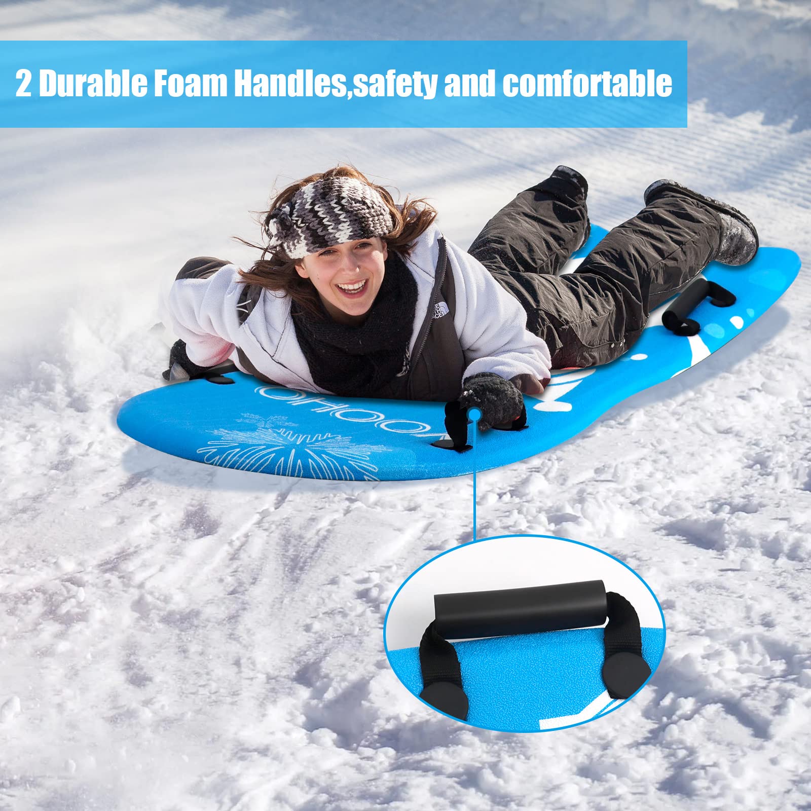 YOOHO Snow Sleds 2 Person-45 inch Foam Sleds for Kids and Adult with Handles, Durable Slide Board Toboggan Super Lightweight with PE Core and Slick Bottom -1 Pack