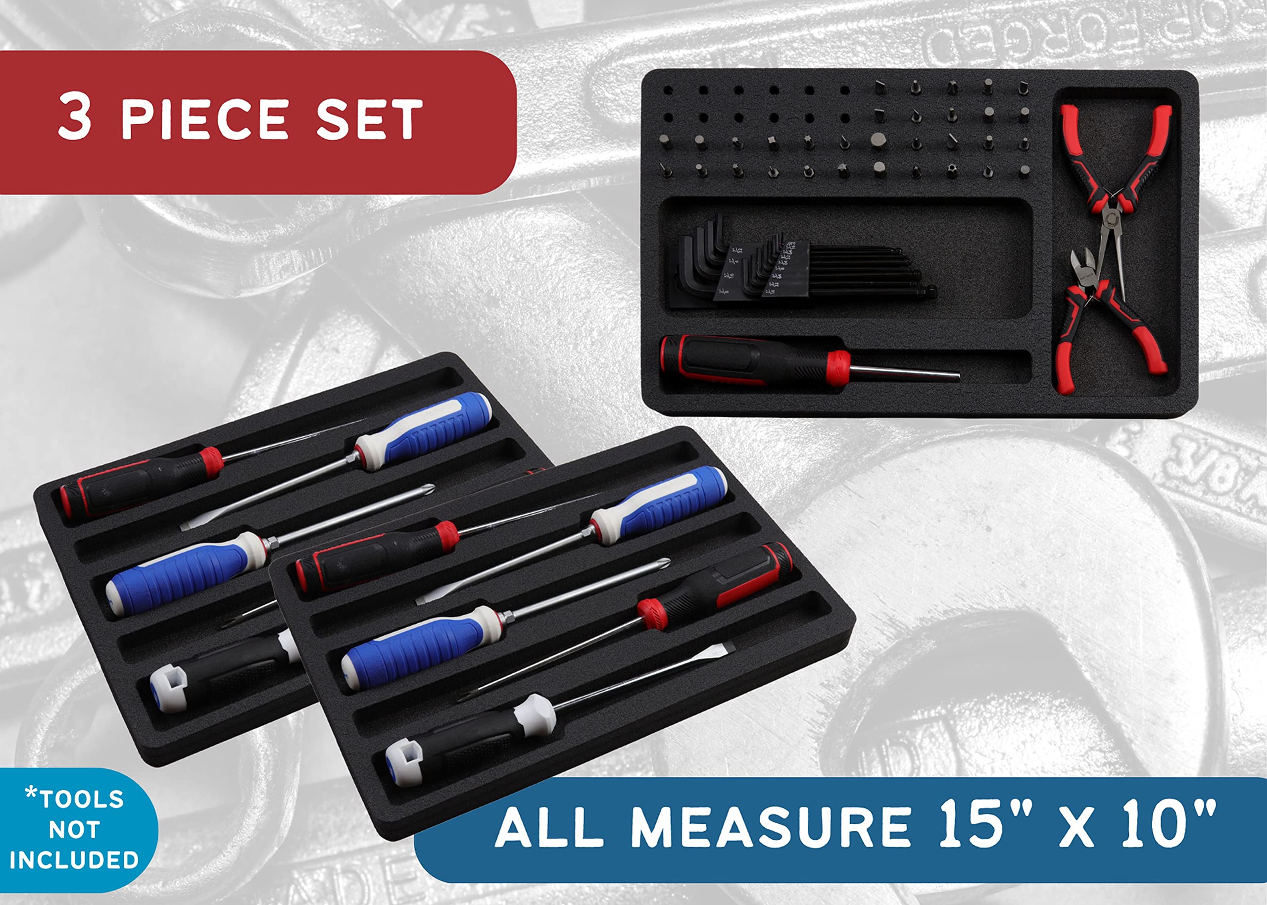 Polar Whale Tool Drawer Organizer 3-Piece Screwdriver Bit Driver Insert Set Black Durable Foam Holds Many Tools 15 x 10 Inch Trays Fits Craftsman Husky Kobalt Milwaukee Many Others