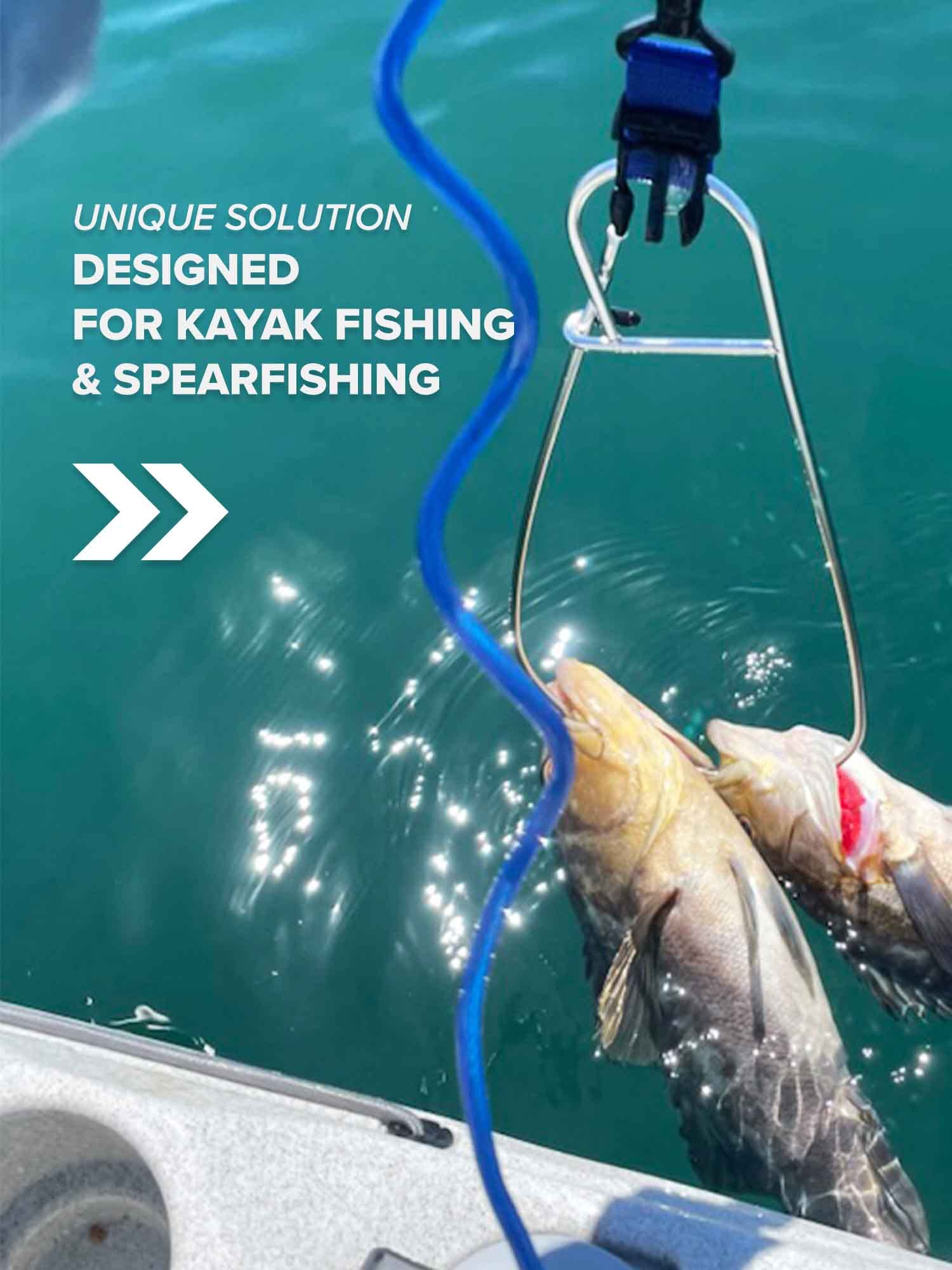 Rogue Endeavor Large, Heavy Duty Stainless Steel Game Clip Fish Stringer System + Stainless Core Coiled Lanyard. Designed for Kayak Fishing & Spearfishing. All Fish Species (Heavy Duty - Blue)