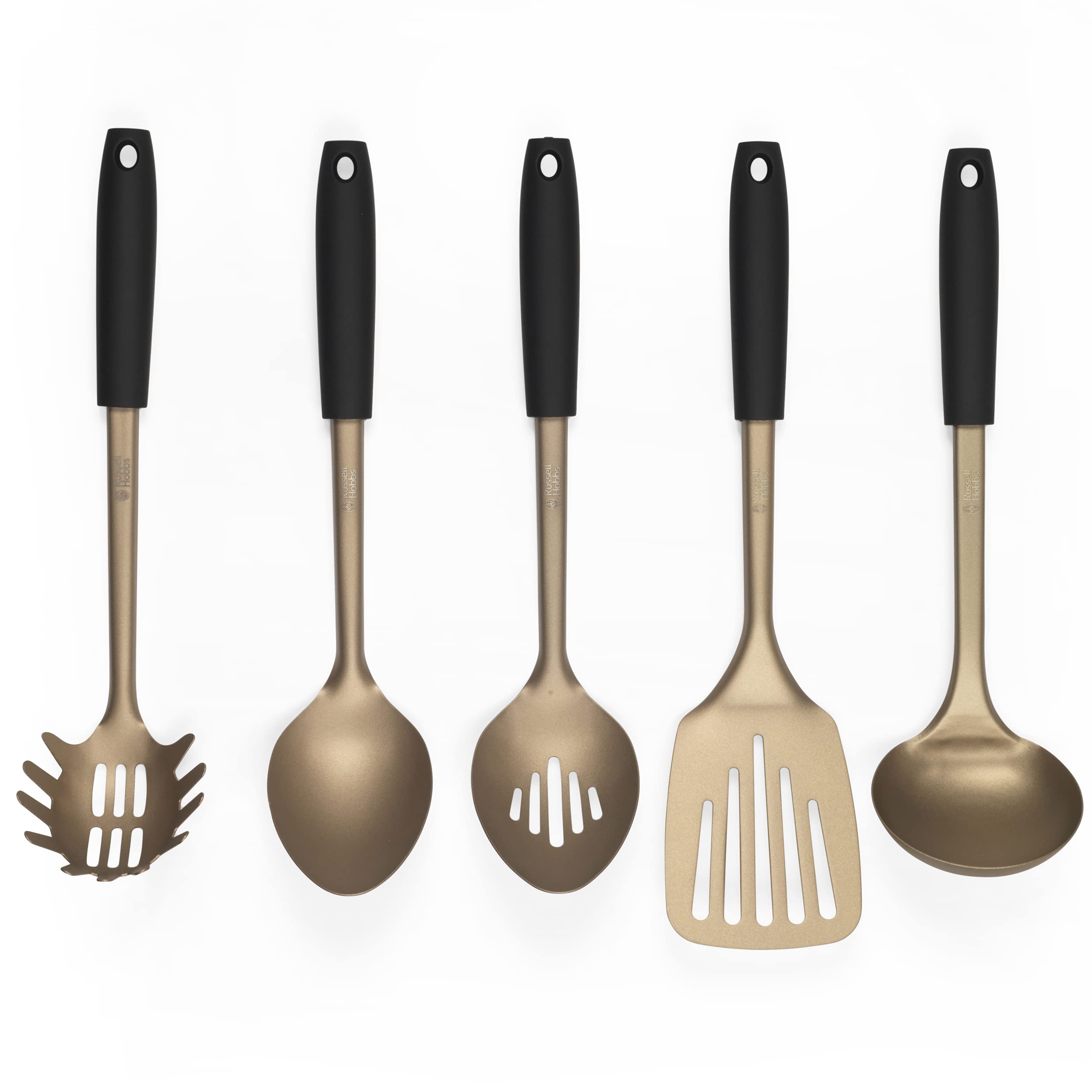 Russell Hobbs RH02170BEU Opulence 5 Piece Kitchen Utensil Set, Non-Stick Cooking Spoons & Soft-Touch Handles, Includes Solid and Slotted Spoon, Spaghetti Spoon, Slotted Spatula and Ladle, Black/Gold