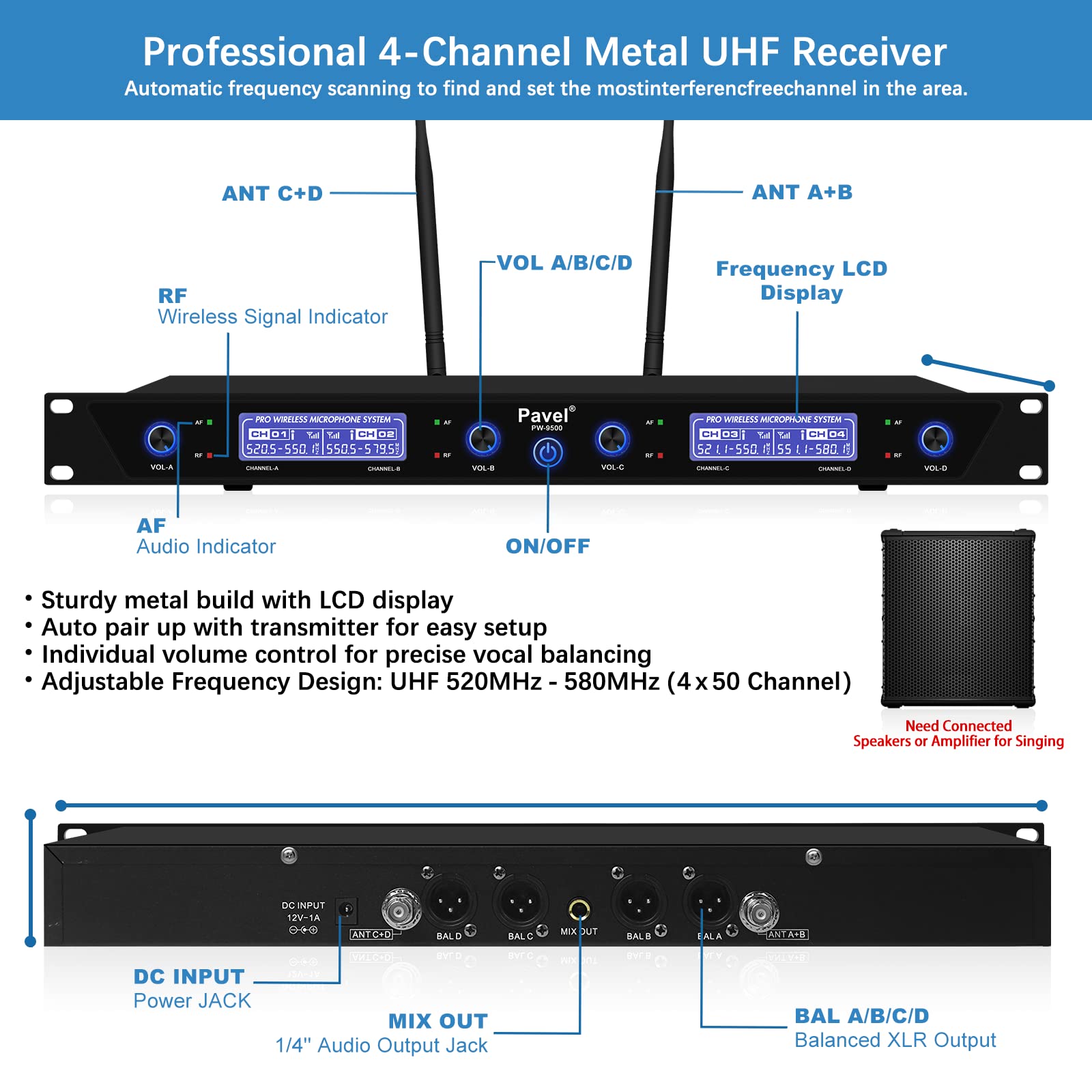 Wireless Microphone System, Pro Quad Channels UHF Karaoke Microphone Wireless, Auto Scan, Adjustable Frequency, 328ft Range, Wireless Mic for Church, Karaoke, Singing, Wedding, Speech, DJ, Outdoor