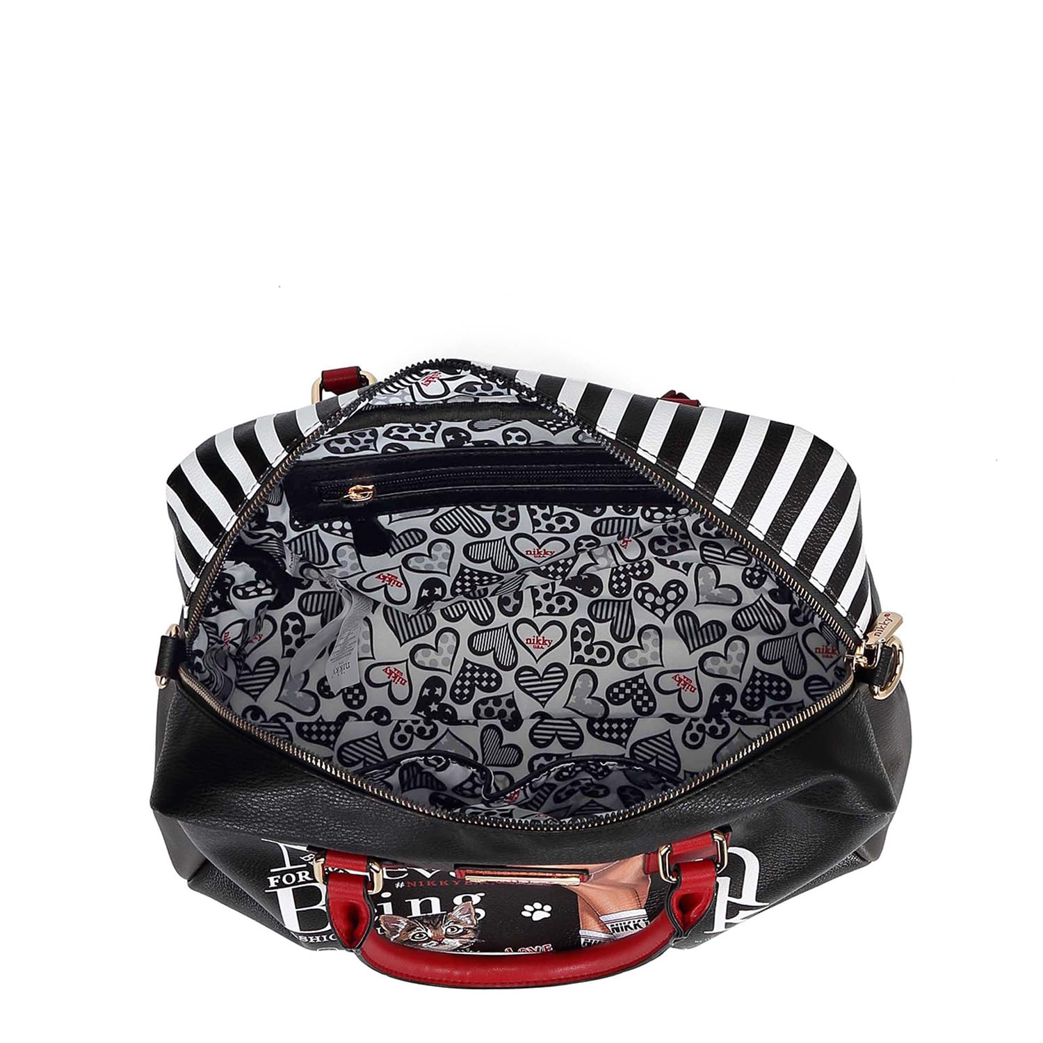 Nicole Lee Nikky Never Be Shy Boston Bag, Medium Vegan Leather Doctor Style Handbag, Black/Red, Kitty Cat Fashion Print