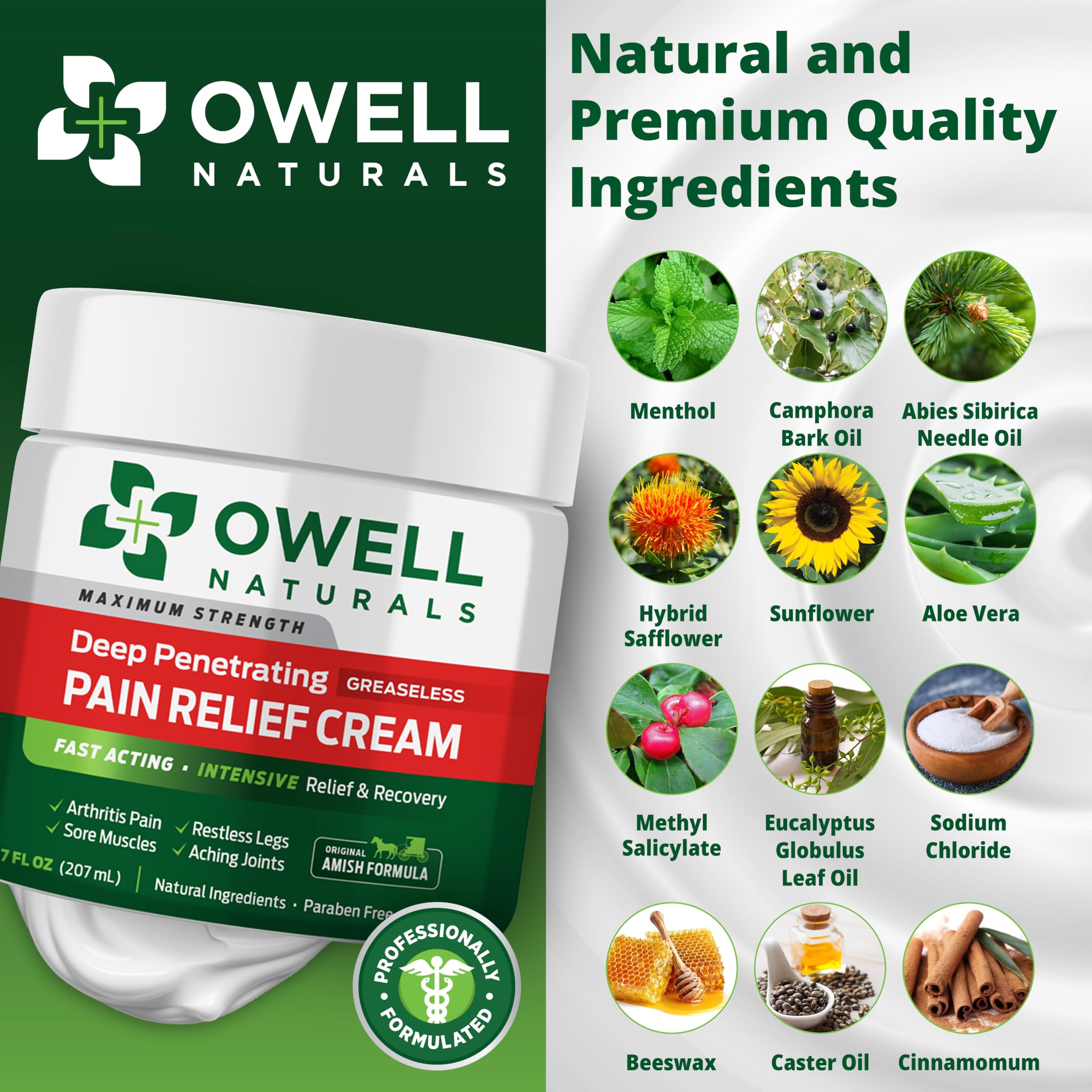 OWELL NATURALS Arthritis Pain Relief Cream - 14oz - Maximum Strength All Natural Discomfort Reliever for Joint, Muscle, Knee, Back, Neuropathy - 11 Powerful Ingredients