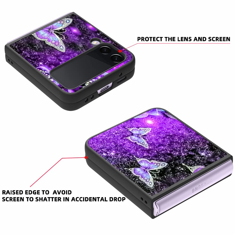 OOK Samsung Galaxy Z Flip 4 Case Glitter Purple Butterfly Nebula Space Design Hard PC+Soft TPU Bumper Anti-Slip Ultra Thin Cover Protective Shockproof Case for Galaxy Z Flip 4 (Purple Butterfly)