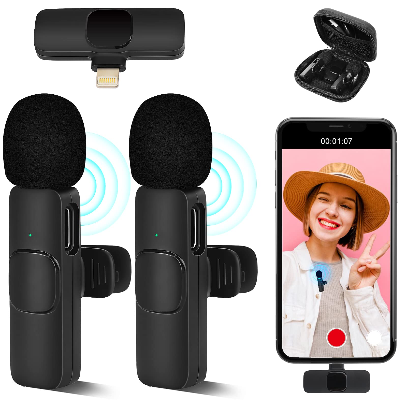 Wireless Microphone for iPhone iPad, Wireless Lavalier Microphone, Plug and Play Ultra-Low Latency Built-in Noise-Canceling Chip Long Working Time Wireless Mic for iPhone Video Recording, Live Stream