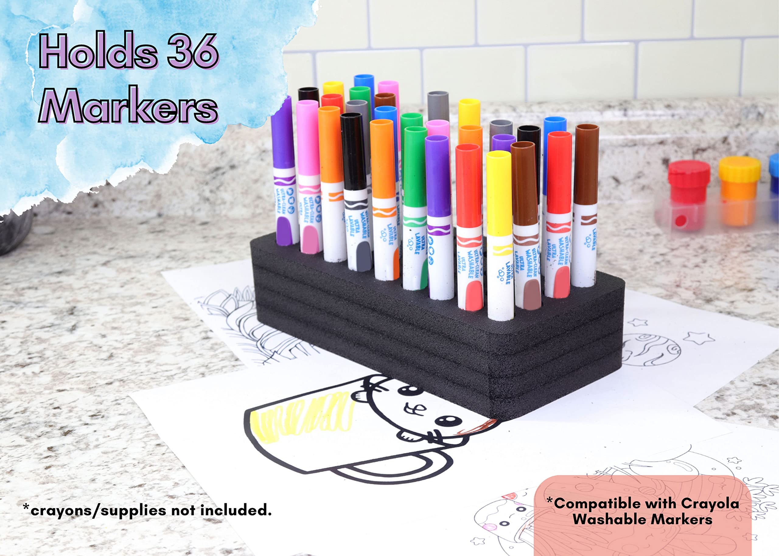 Polar Whale Washable Marker Desk Stand Organizer Compatible with Crayola and Others Design Storage Tray Supply Non-Scratch Non-Rattle Washable Durable Black Foam Holds 36