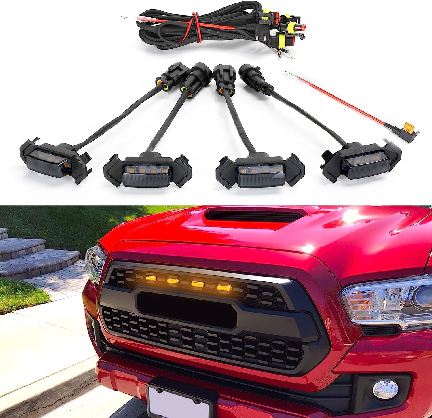 Seven Sparta 4 PCS Grill Led Lights with Fuse Adaptor Compatible with 2016-2023 Toyota Tacoma TRD PRO OEM Front Grille, Not Compatible with Tacoma Off Road & Sport (Amber Light with Black Shell)