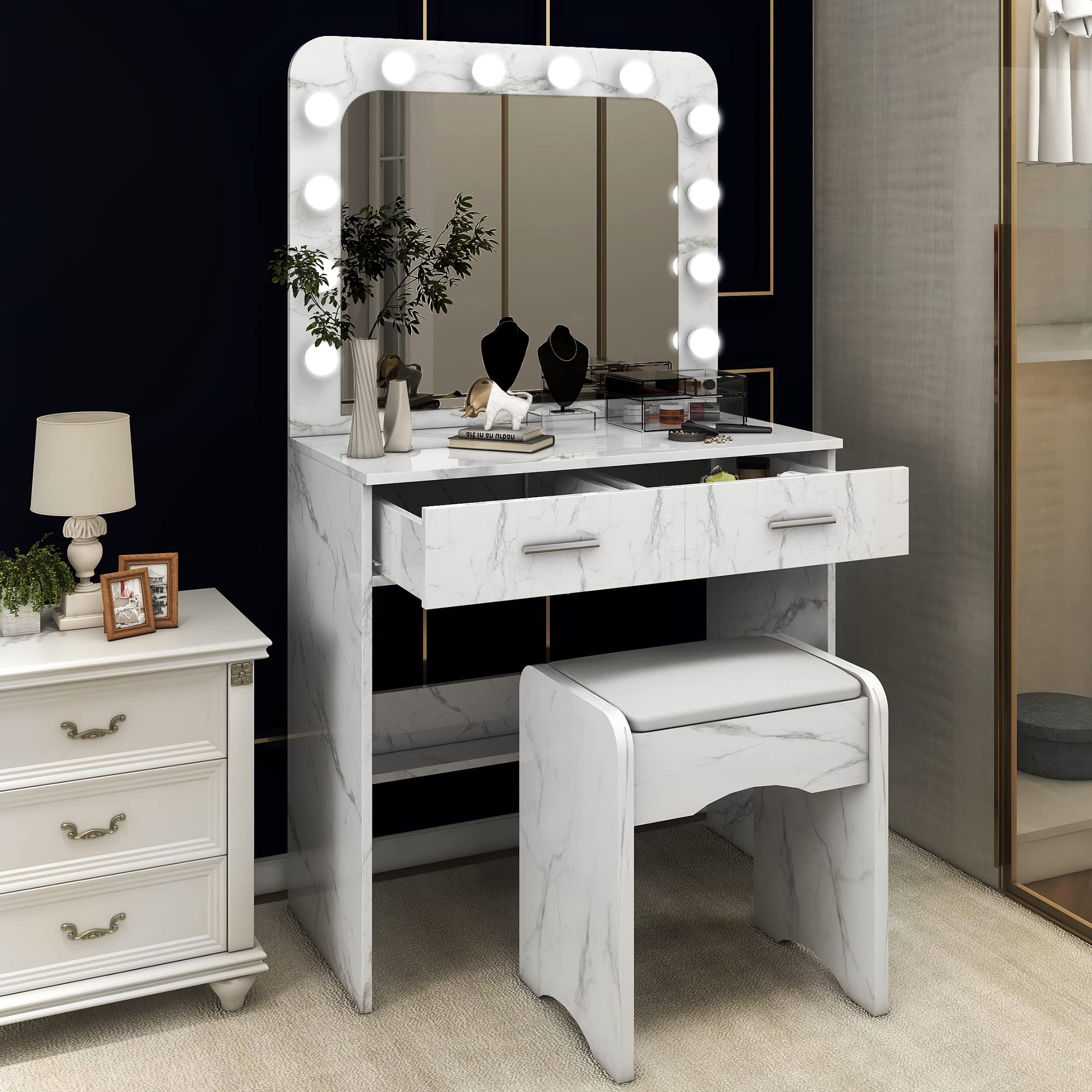 NeuType Makeup Vanity , Desk with Mirror, Lights and Table Set, White 2 Drawers Vanity Set with 12 Light Bulbs, Marble Pattern