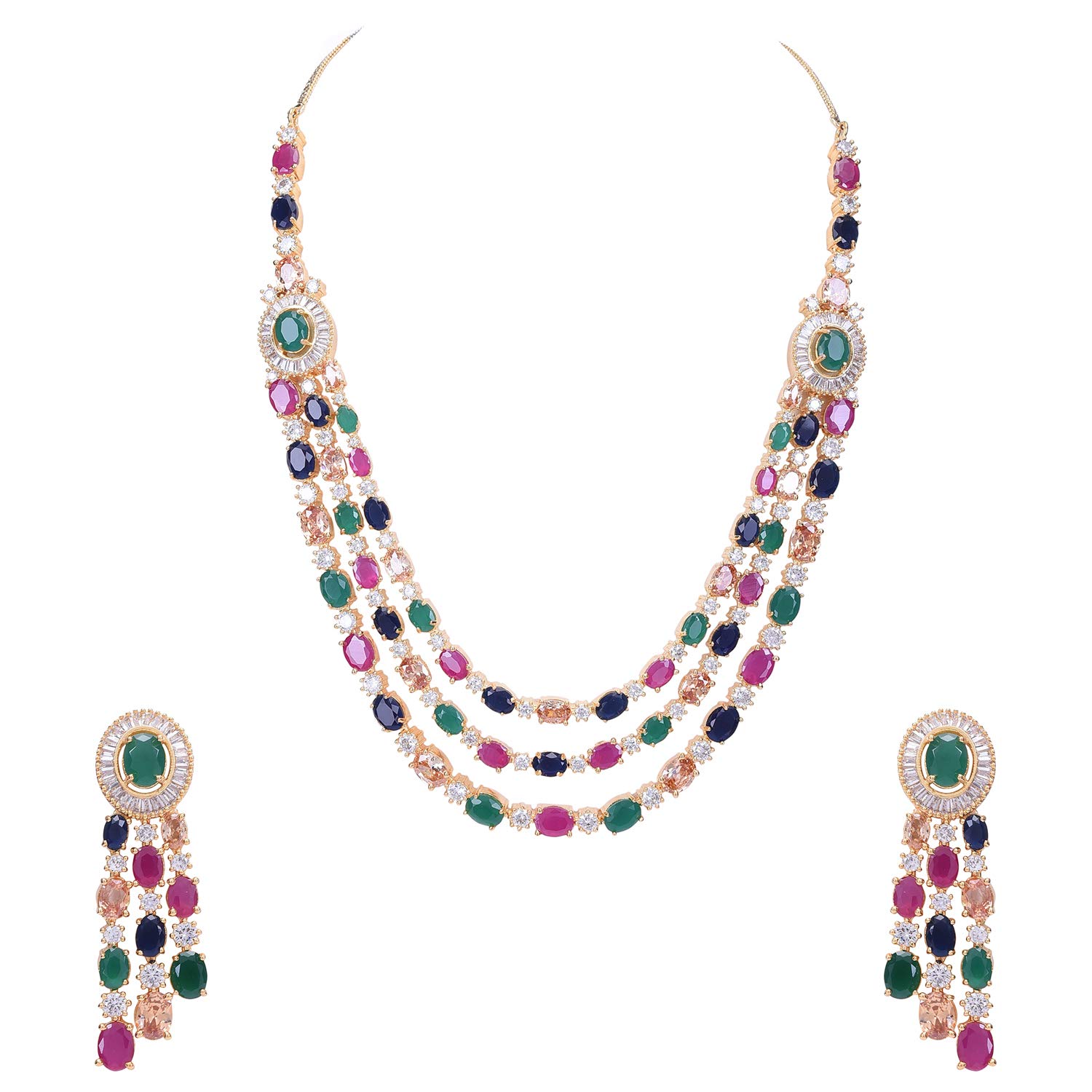 Ratnavali Jewels Cubic Zirconia Gorgeous Wedding Bridal Multi Strand Necklace Dangle Earrings Jewelry Set