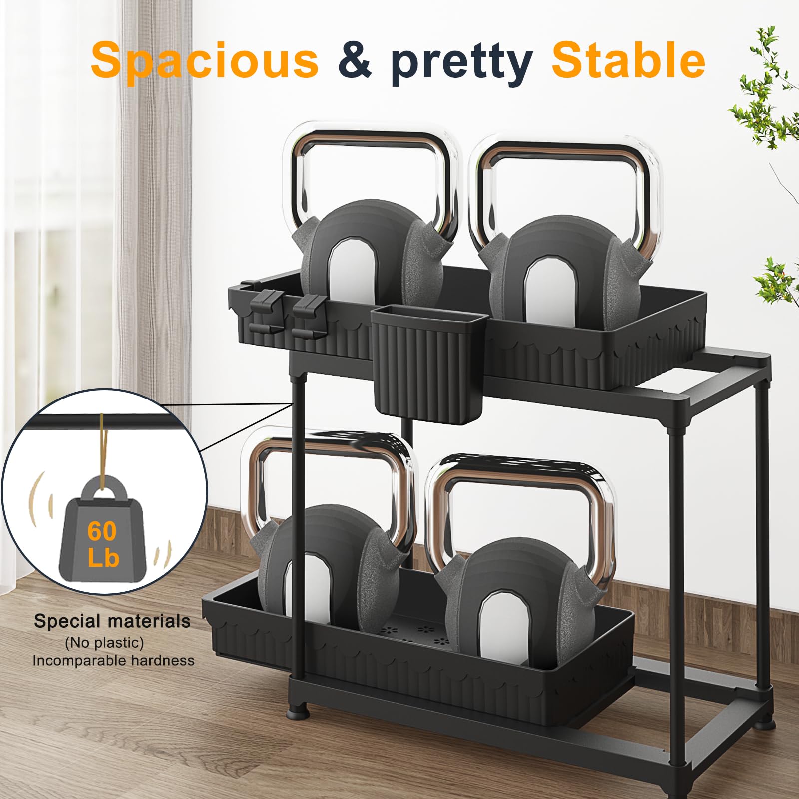 Sevenblue 2 Pack Double Sliding Under Sink Organizers and Storage, 2 Tier Under Bathroom Cabinet Shelf Organizer with Hooks Hanging Cup, Home Organization, Black