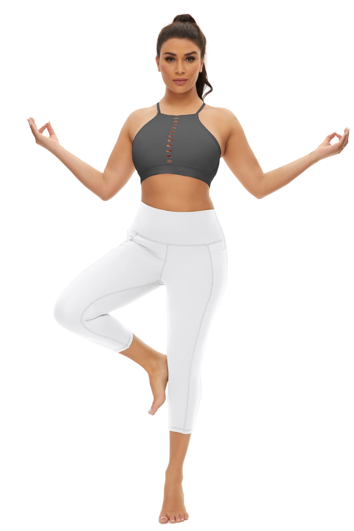 VALLFAL Capris for Women Yoga Workout Running Gym Capris Leggings with Pockets High Waist White