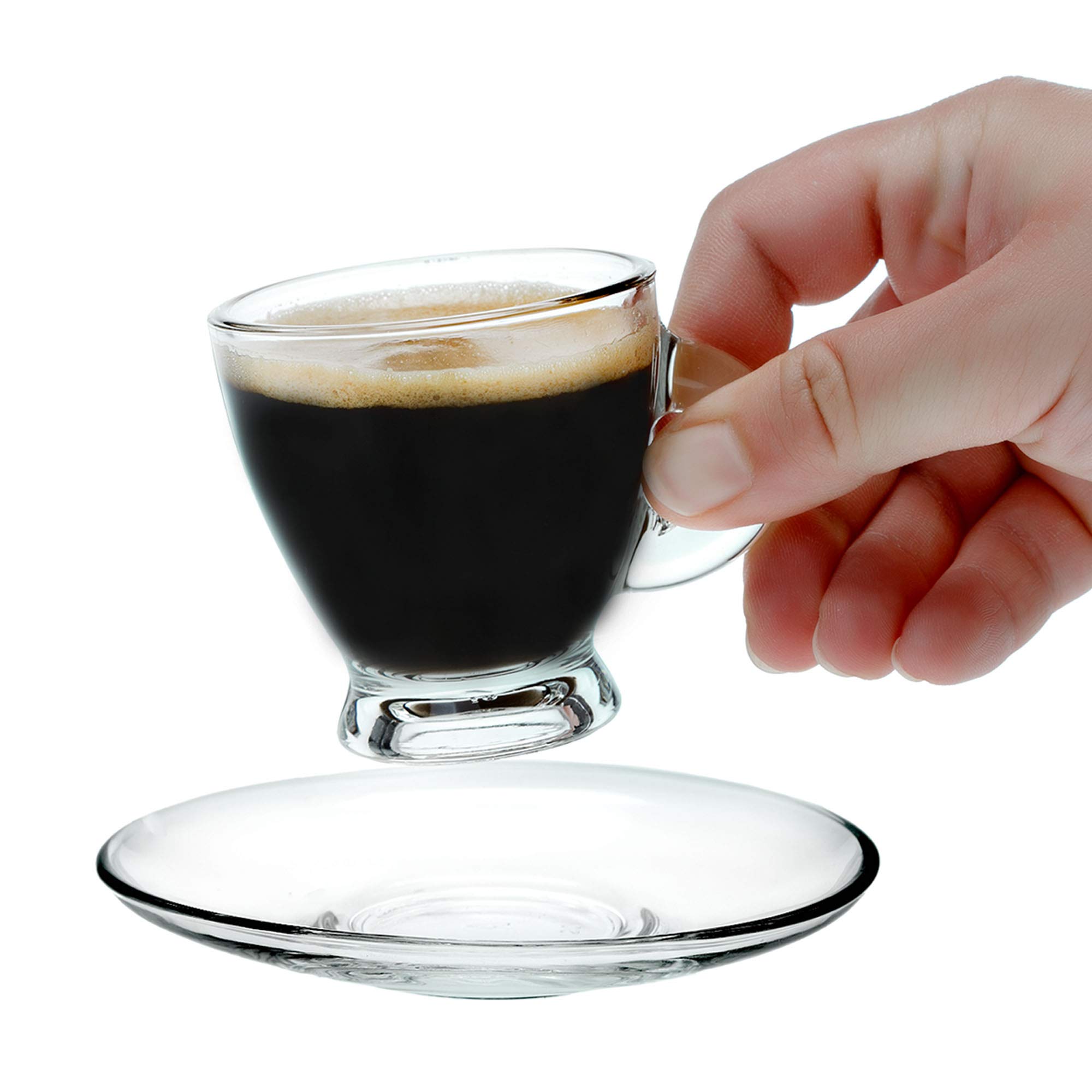 Volarium Espresso Cups with Saucers, Demitasse Clear Glass Drinkware, Set of 6 Cups and 6 Saucers for Turkish Coffee, Tea and Espresso Lover