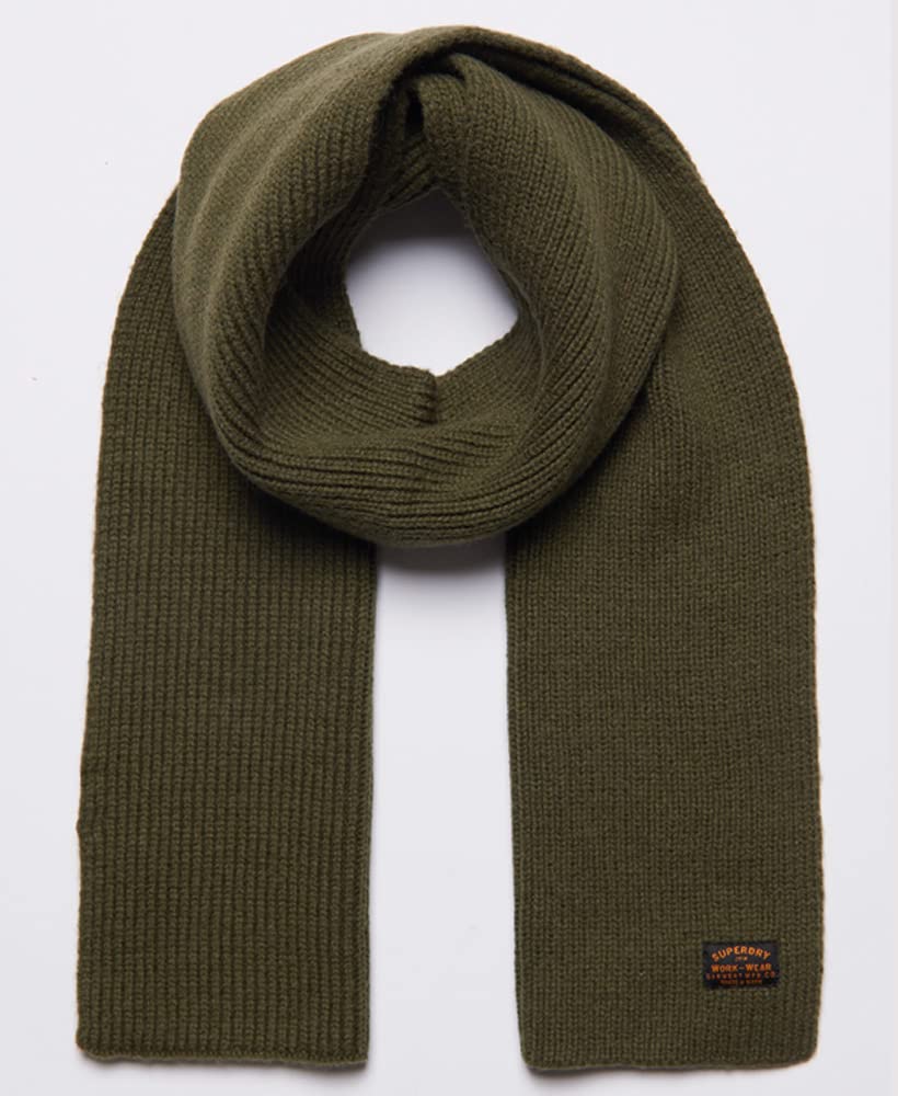 Superdry Mens Radar Scarf, Ribbed Design, Signature Patch Logo Surplus Goods Olive Size One Size