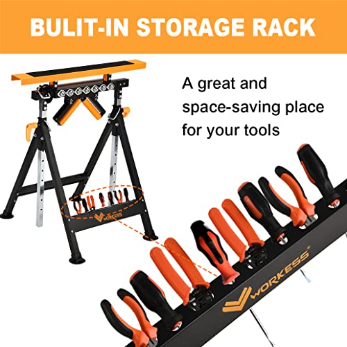WORKESS 4 in 1 Roller Stand, Stable 440 Lbs Load Capacity with Saw Horses, V-Shaped, Multi-Directional Rollers & Outfeed Roller, Adjustable Height 33โ- 50โ, Folding for Woodworking