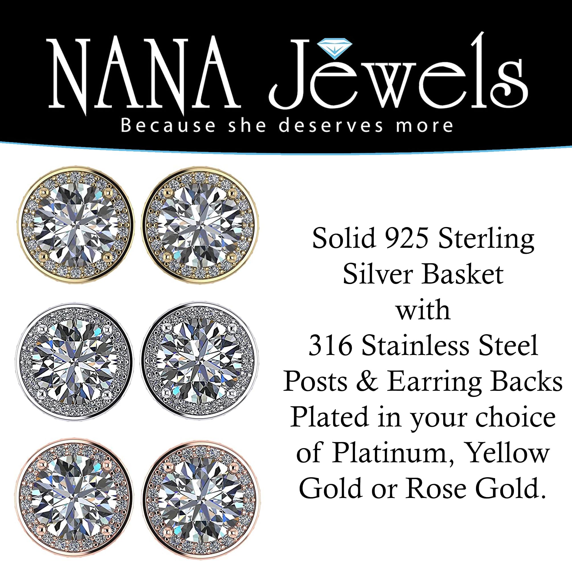 NANA Jewels Womens 925 Sterling Silver 7.5mm-3.00ct Rhodium Plated, Hypoallergenic Round Halo Stud Earring
