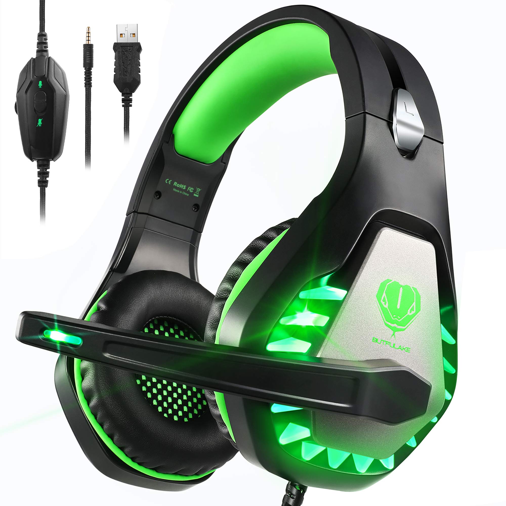 Pacrate Gaming Headset with Microphone for PC PS4 PS5 Headset Noise Cancelling Gaming Headphones for Laptop Mac Switch Xbox One Headset with LED Lights Deep Bass for Kids Adults Luxury Black