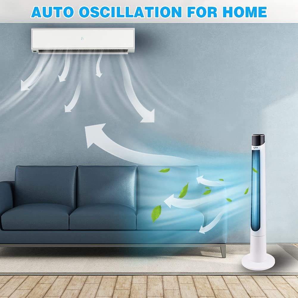 OYLUS 48’’ Tower Fan Portable With Remote Control Oscillating Quiet, 3 Speed Settings Nature & Sleeping Mode 12H Timer for Rooms, Office, White