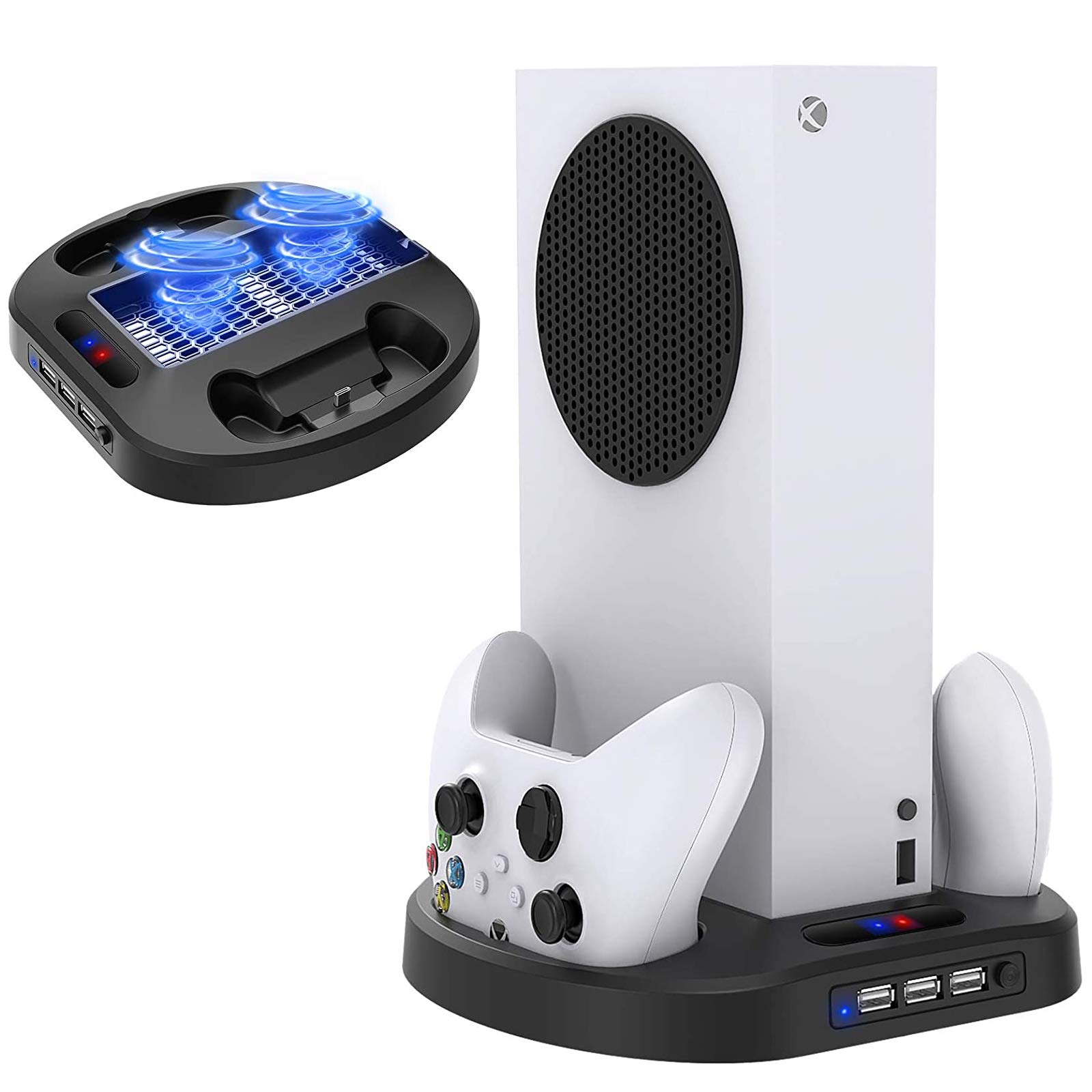 T&A Vertical Stand for Xbox Series S with Cooling Fan Xbox Series S Stand Controller Charge Station with Dual Controllers EXT Port Charger Dock and 3 USB HUB, BLACK