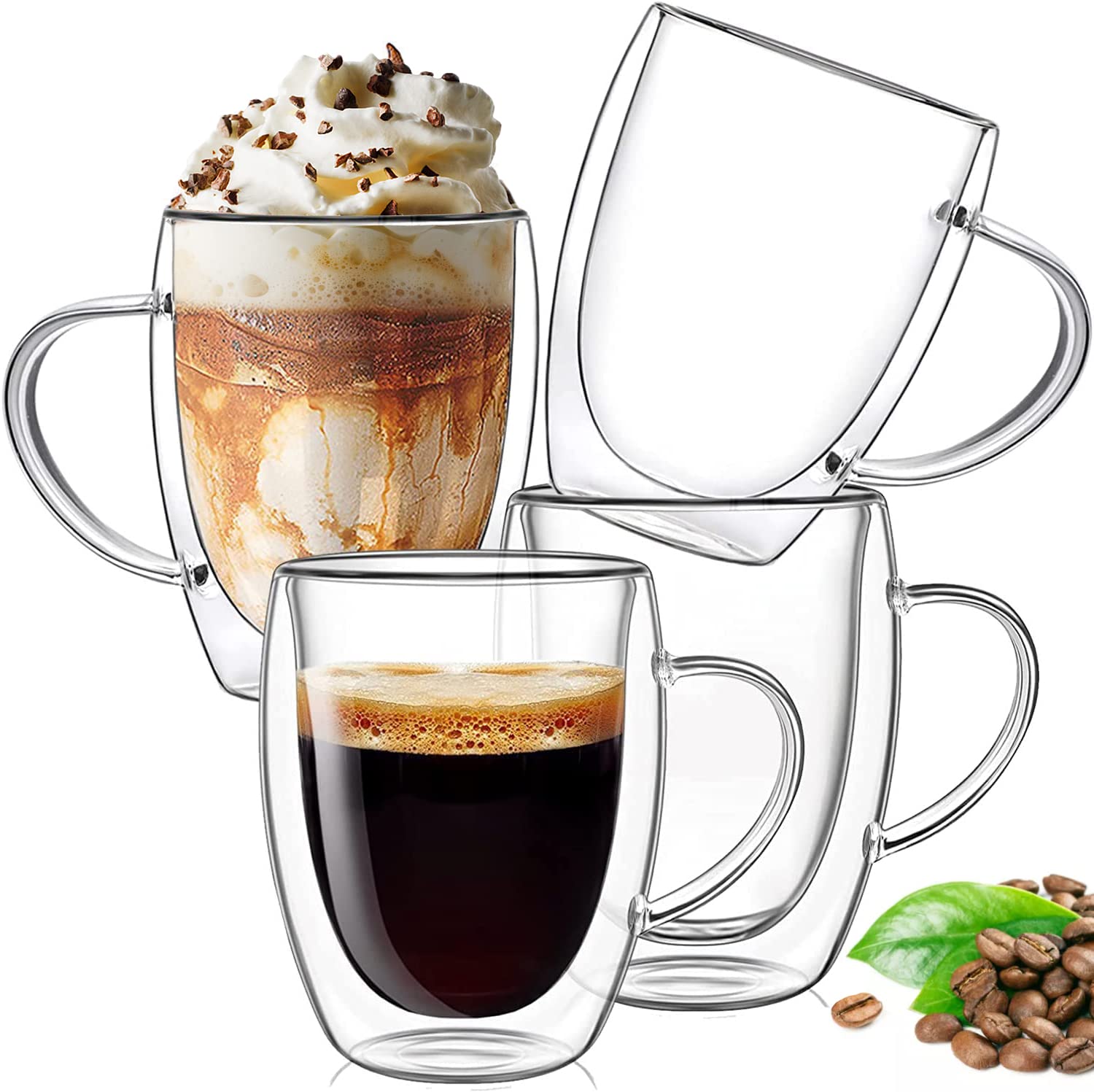 Ulrikco 12 oz Double Walled Glass Coffee Mugs, Clear Cappuccino Glass Mug Set of 4, Double Insulated Glass Coffee Mugs with Handle, Latte Mug, Espresso Mug Cups for Hot/Cold Drinks, Dishwasher Safe