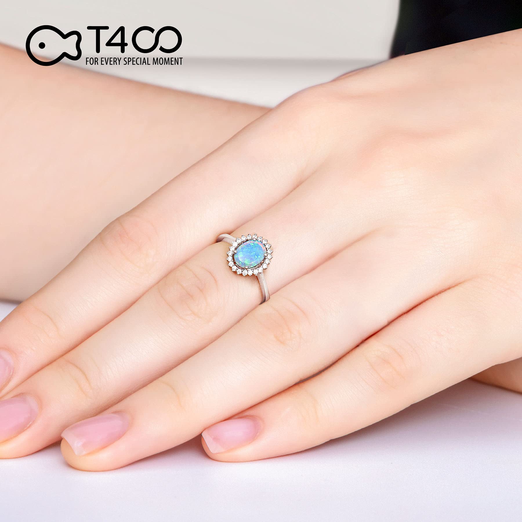 T400 925 Sterling Silver Blue Created Opal Round Ring Gift for Women