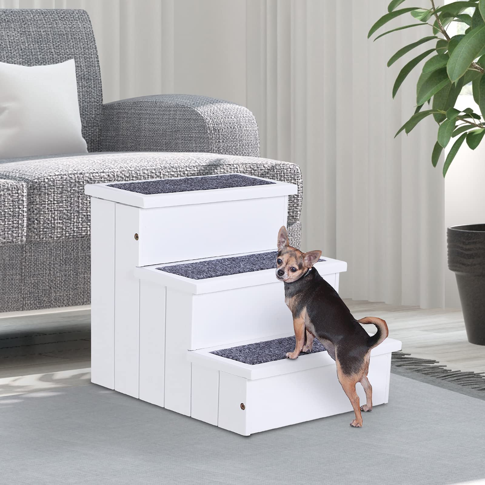 PawHut 3 Step Wooden Carpeted Non Slip Pet Stairs Ramp for Cats and Small Dogs - White