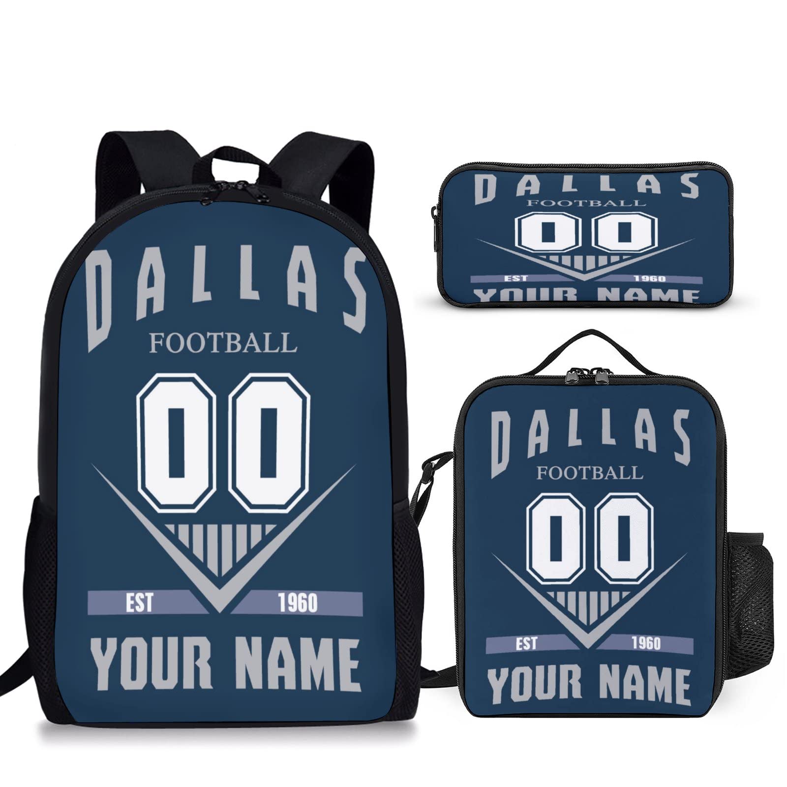 Quzeoxb Custom Dallas Backpack 3pcs Bag Set Laptop Bag, Lunch Bag and Pencil Case Personalized Name Number Gifts for Men Women Boy