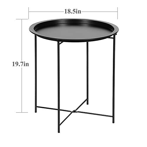 VECELO Modern End Side Tables,Round Metal Foldable Tray,Stable Snack Nightstand for Outdoors,Small Space,Living Room and Balcony, 18.5 in x 18.5 in x 19.7 in, Black