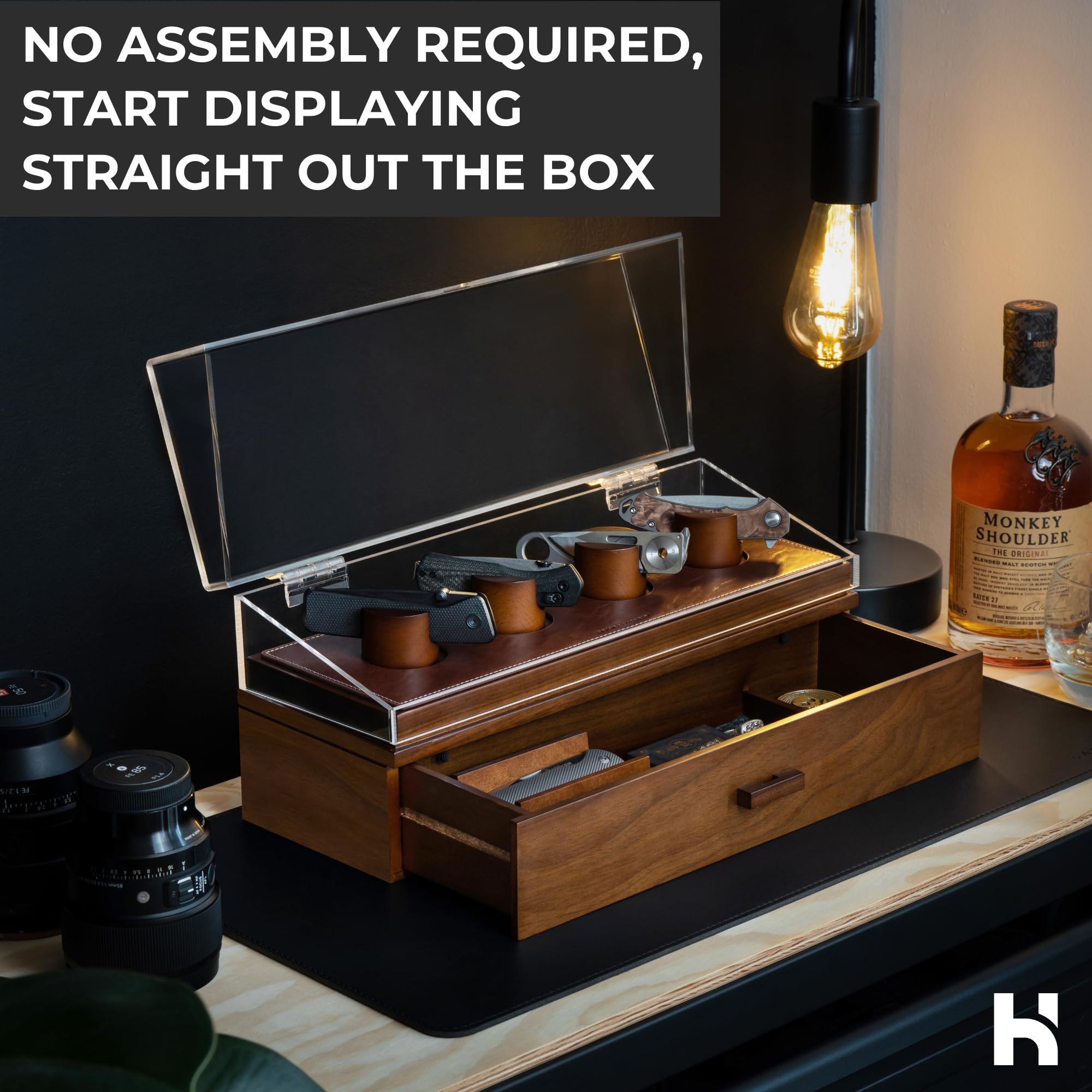 Showcase Your Knives with The Knife Deck Pro – Premium Pocket Knife Display Case for 6 Knives – Easy Access & Leather Lining – Drawer for Accessories – Wooden Pocket Knife Holder – Lifetime Assurance