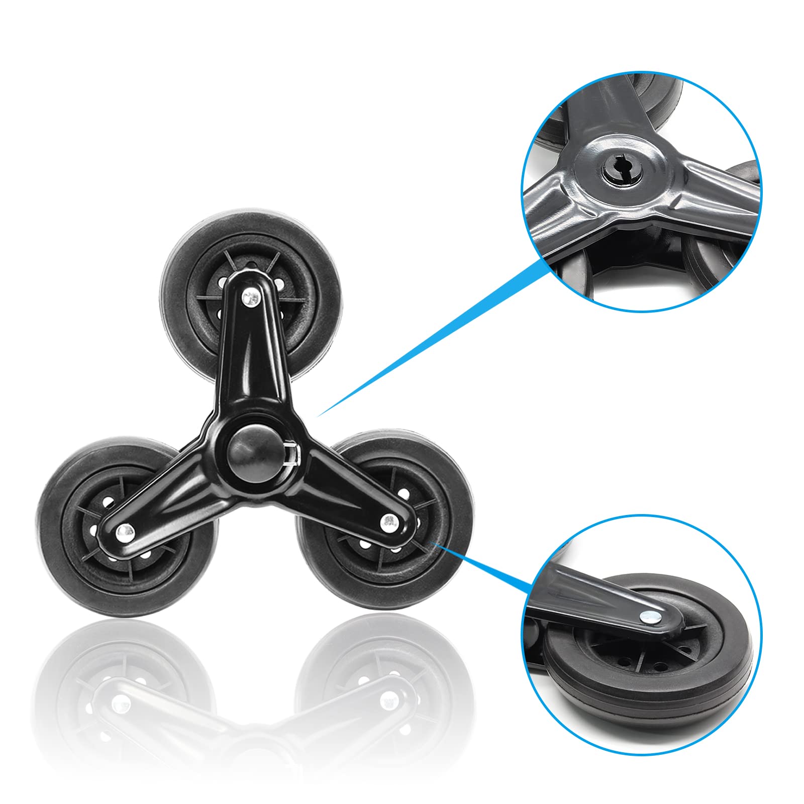 Suiwotin 2pcs Shopping Cart Stair Climbing Wheels Replacement, Rubber Tri-Wheels for Folding Grocery Cart, Portable Stair Climber Utility Cart Stair Wheels (Black)