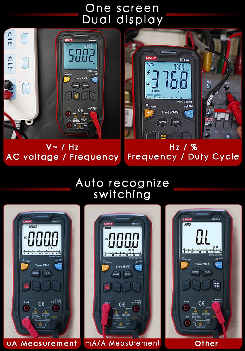 UNI-T Digital Multimeter UT60S, True RMS, NCV Measures Voltage Current Resistance Capacitance Frequency Duty Cycle, Tests Diodes Transistors Data Hold Auto Range