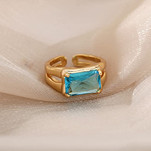 SPRING YOW Open Square Blue Zircon Ring For Women Adjustable Heart Cubic Zirconia Finger Ring Classic Wedding Birthday Jewelry - Silver Plated - Adjustable